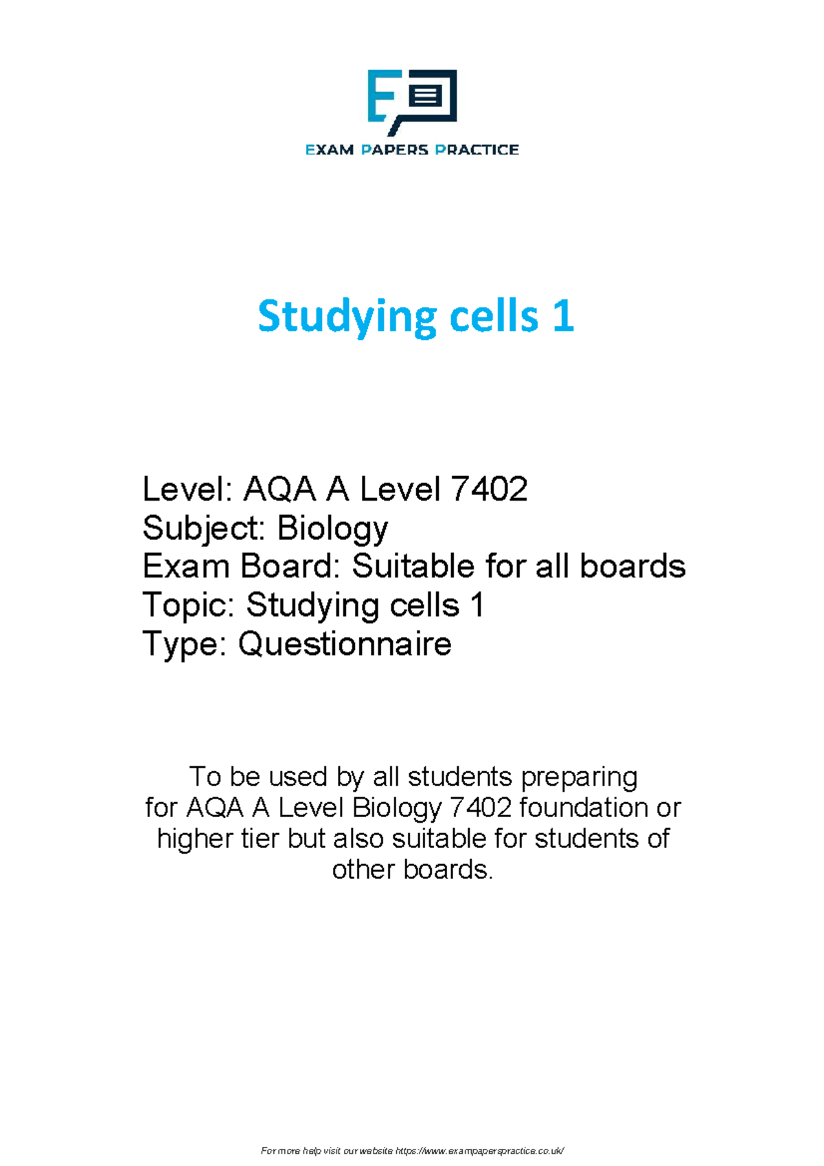 AQA A Level Biology 7402: Studying Cells 1 Questionnaire - Studocu