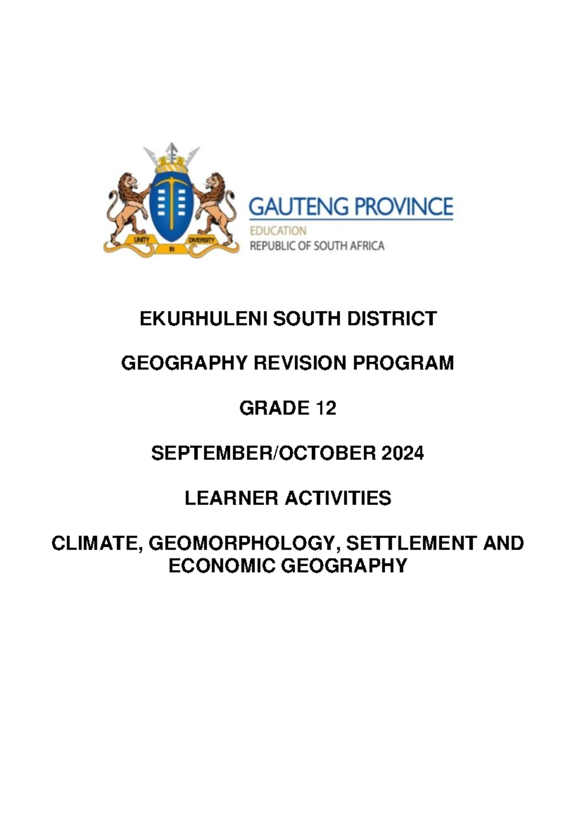 Geography P1 Question Paper GR12 September 2024 - English Version - Studocu