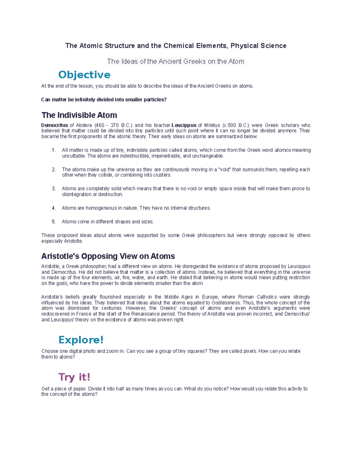 The Ideas of the Ancient Greeks on the Atom - The Atomic Structure and ...