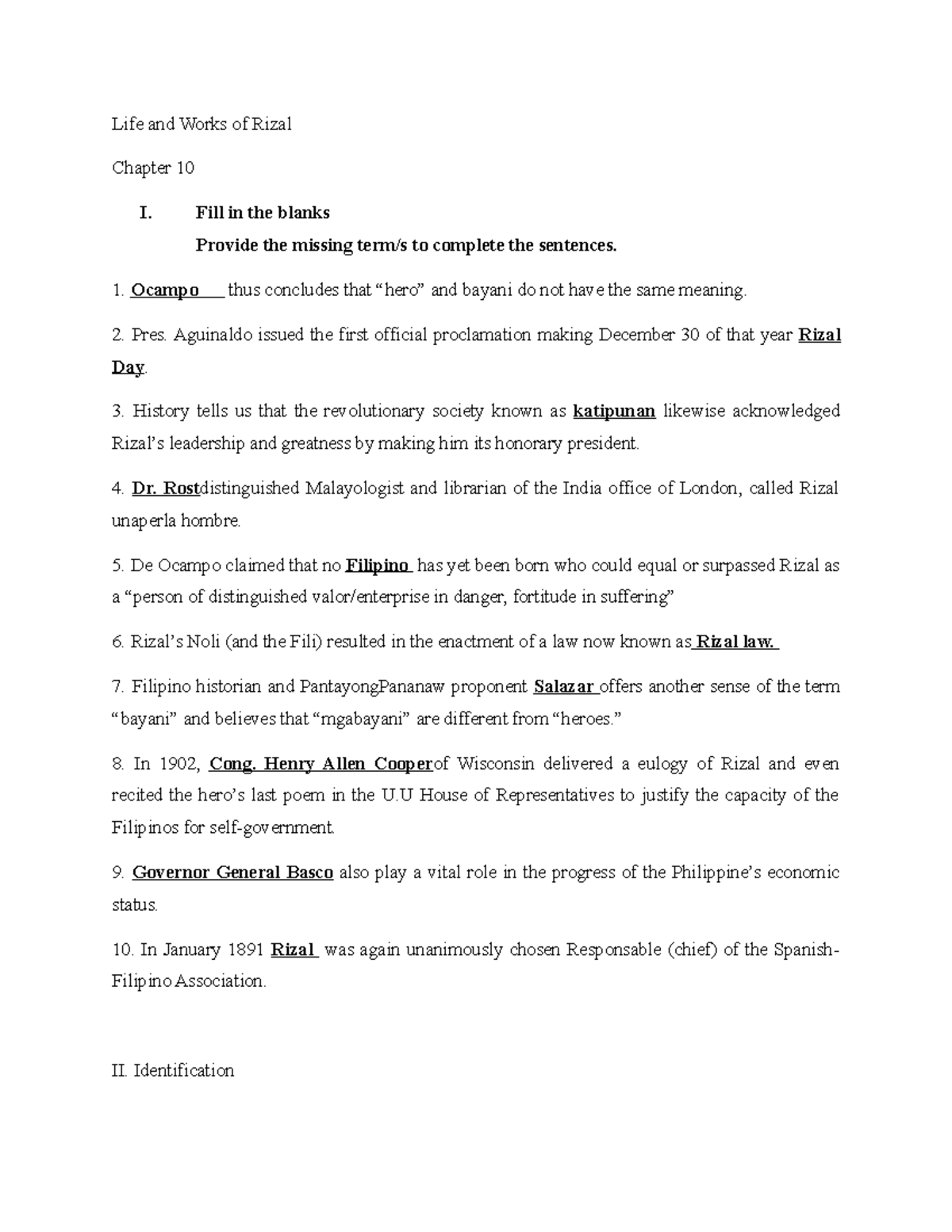 Life and Works of Rizal Chapter 10: Fill in the Blanks and ID ...