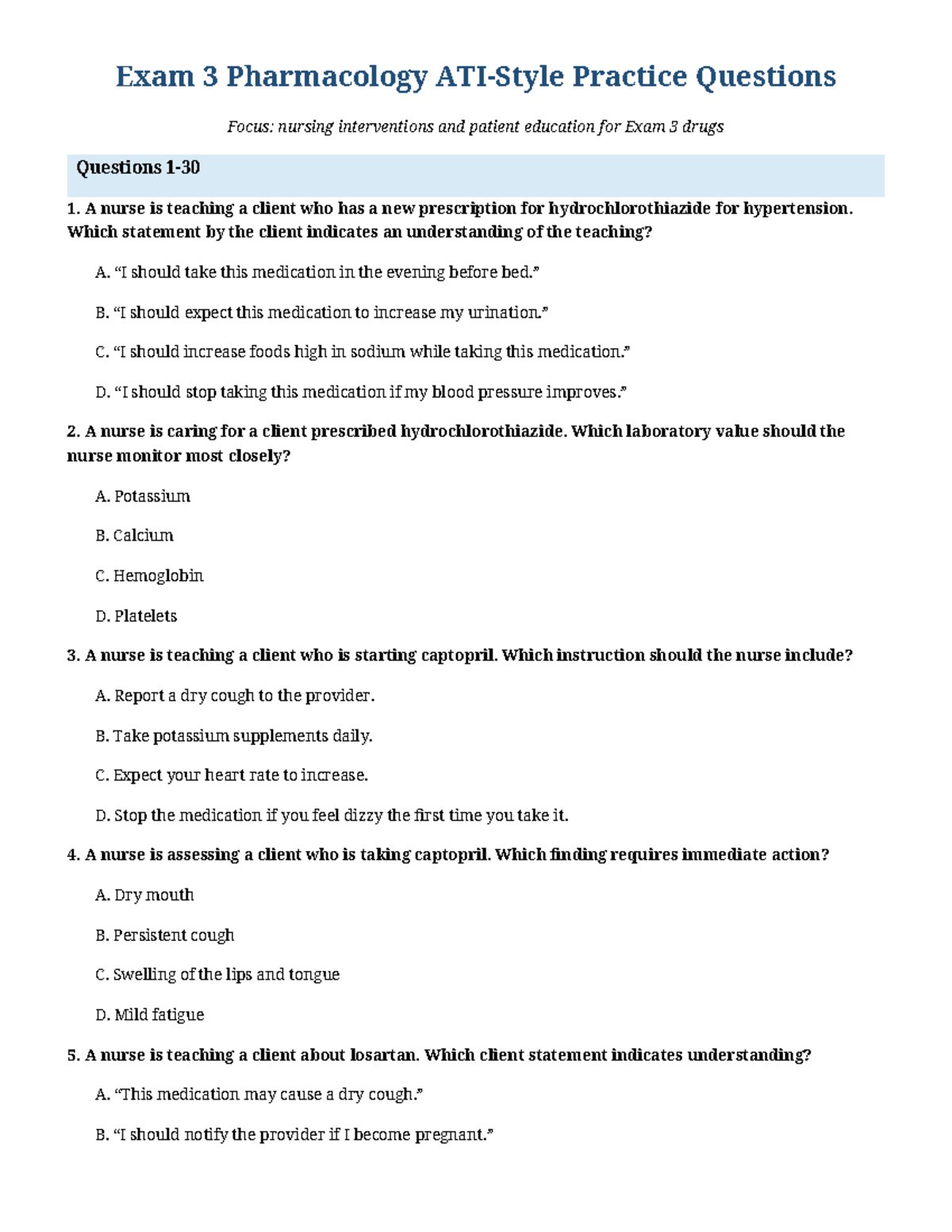 Exam 3 ATI Pharmacology Practice Questions: Nursing Interventions ...