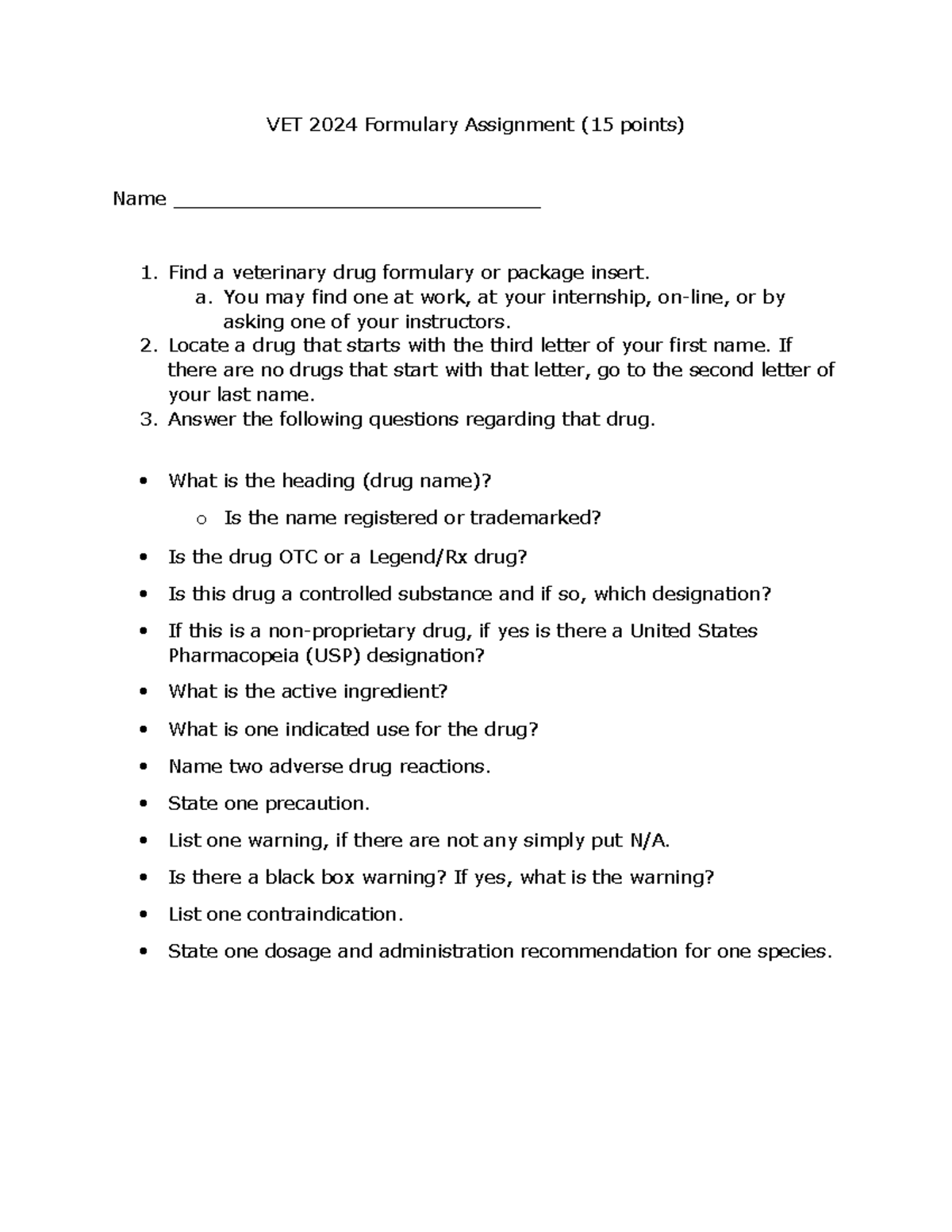 VET 224 Formulary Assignment Instructions and Requirements - Studocu