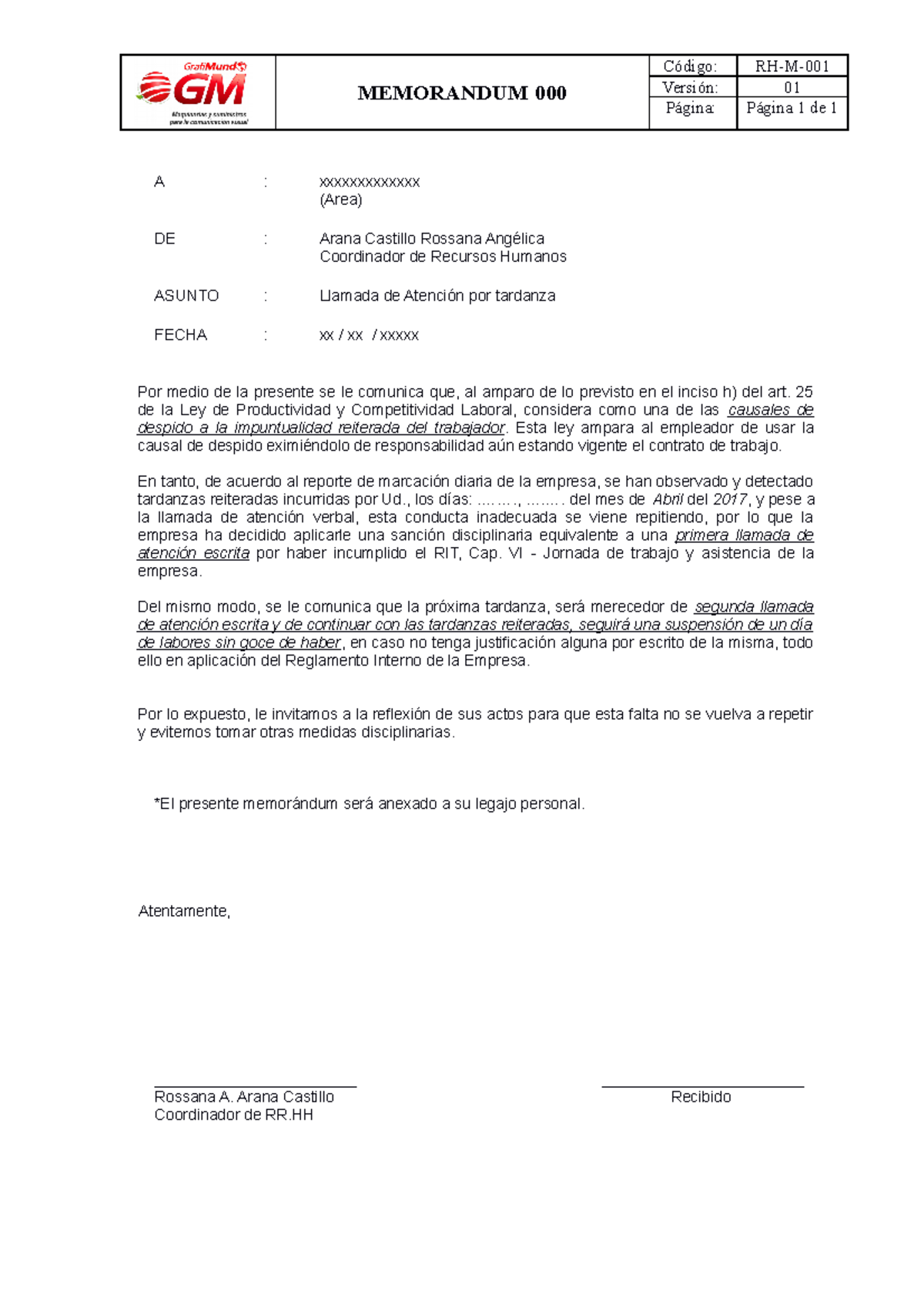 Modelo De Carta De Muestra De Memorando