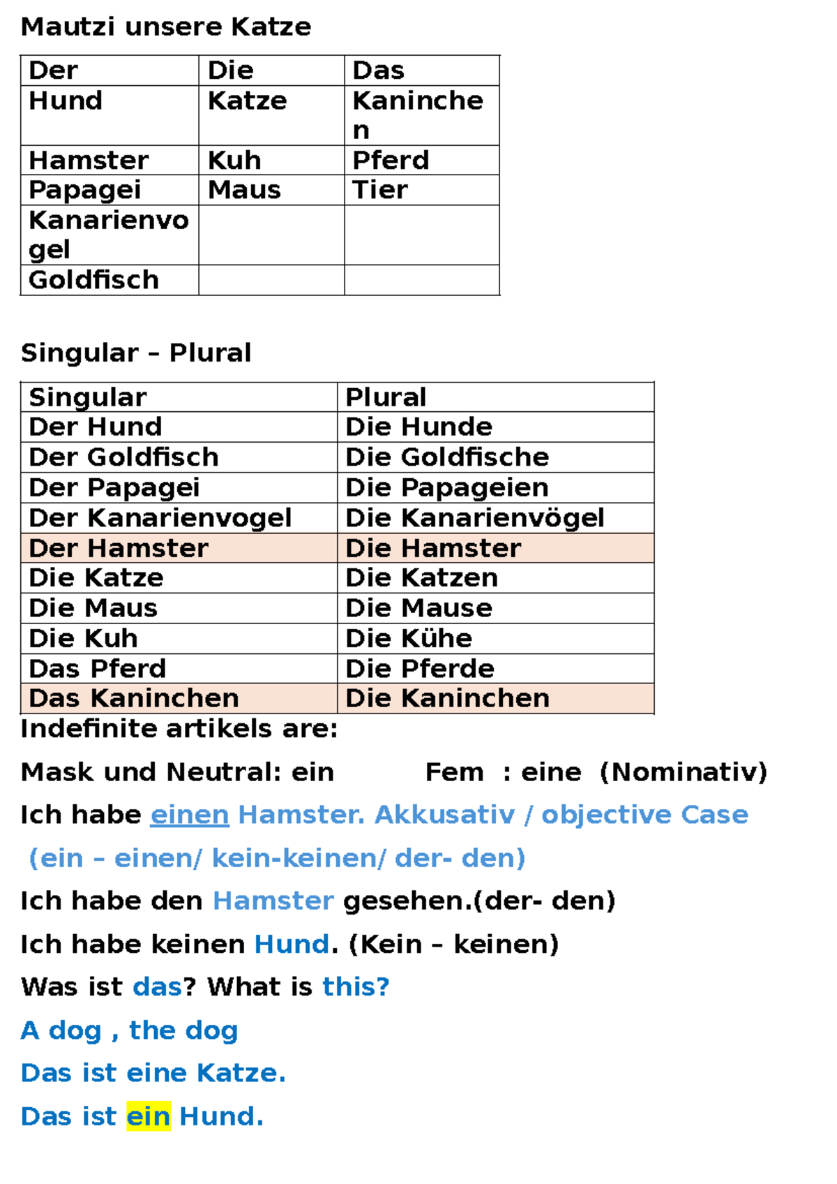Mautzi unsere Katze Final Exam Revision Notes (German 101) - Studocu