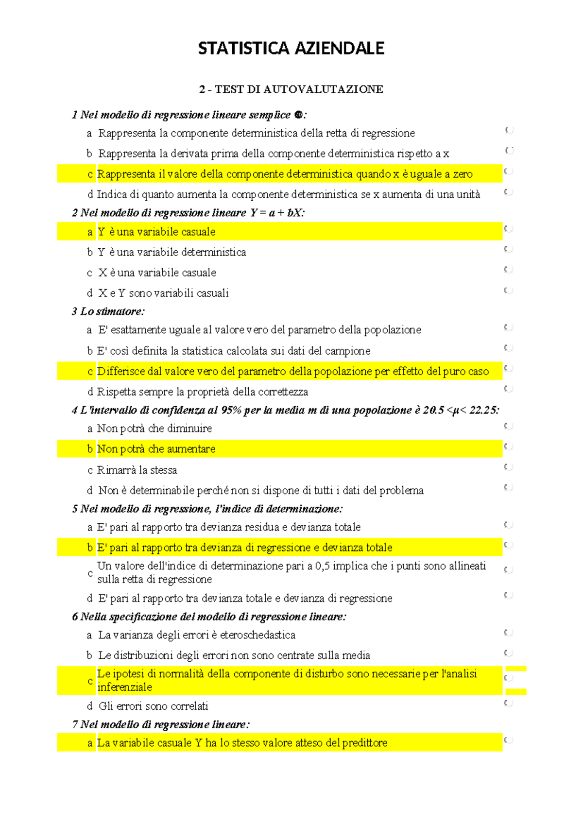 STATISTICA AZIENDALE 2 TEST DI AUTOVALUTAZIONE: Domande e Risposte ...