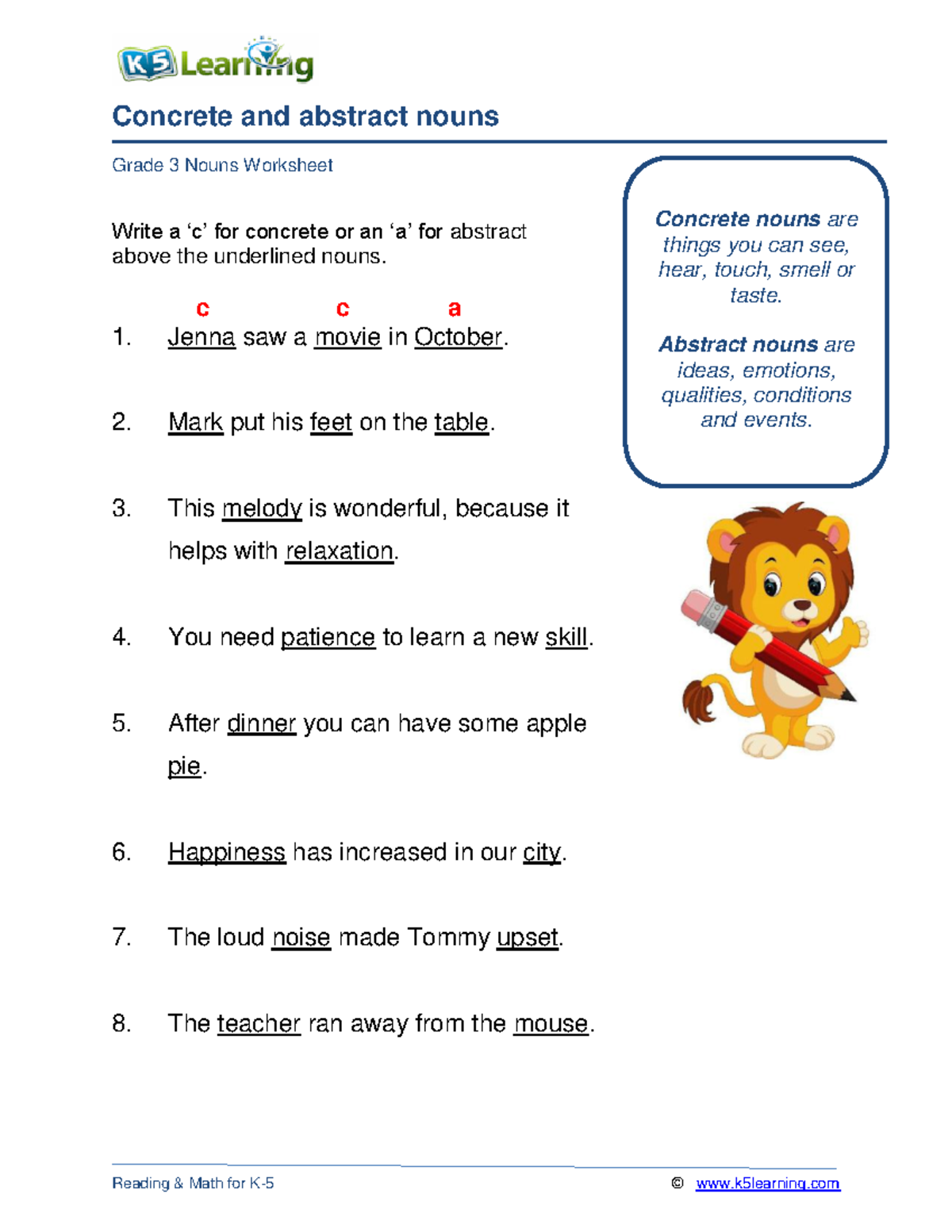 Grade 3 Nouns Worksheet: Concrete vs. Abstract Nouns - Studocu