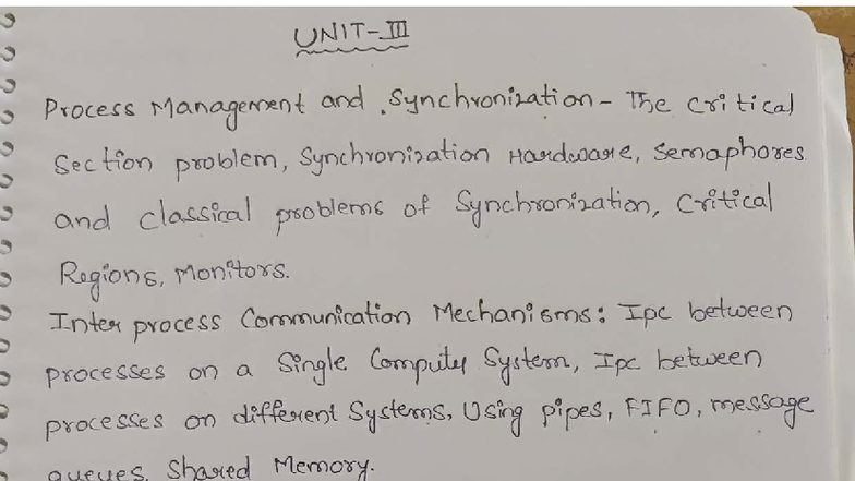 OS Notes [UNIT III] - Process Management & Synchronization Issues - Studocu