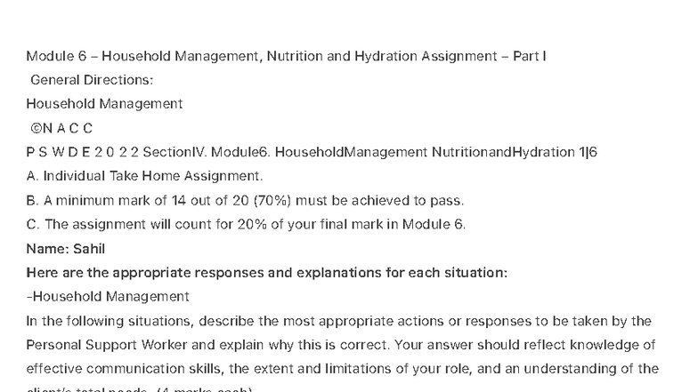 Module 6 - Household Management & Nutrition Assignment Guide - Studocu