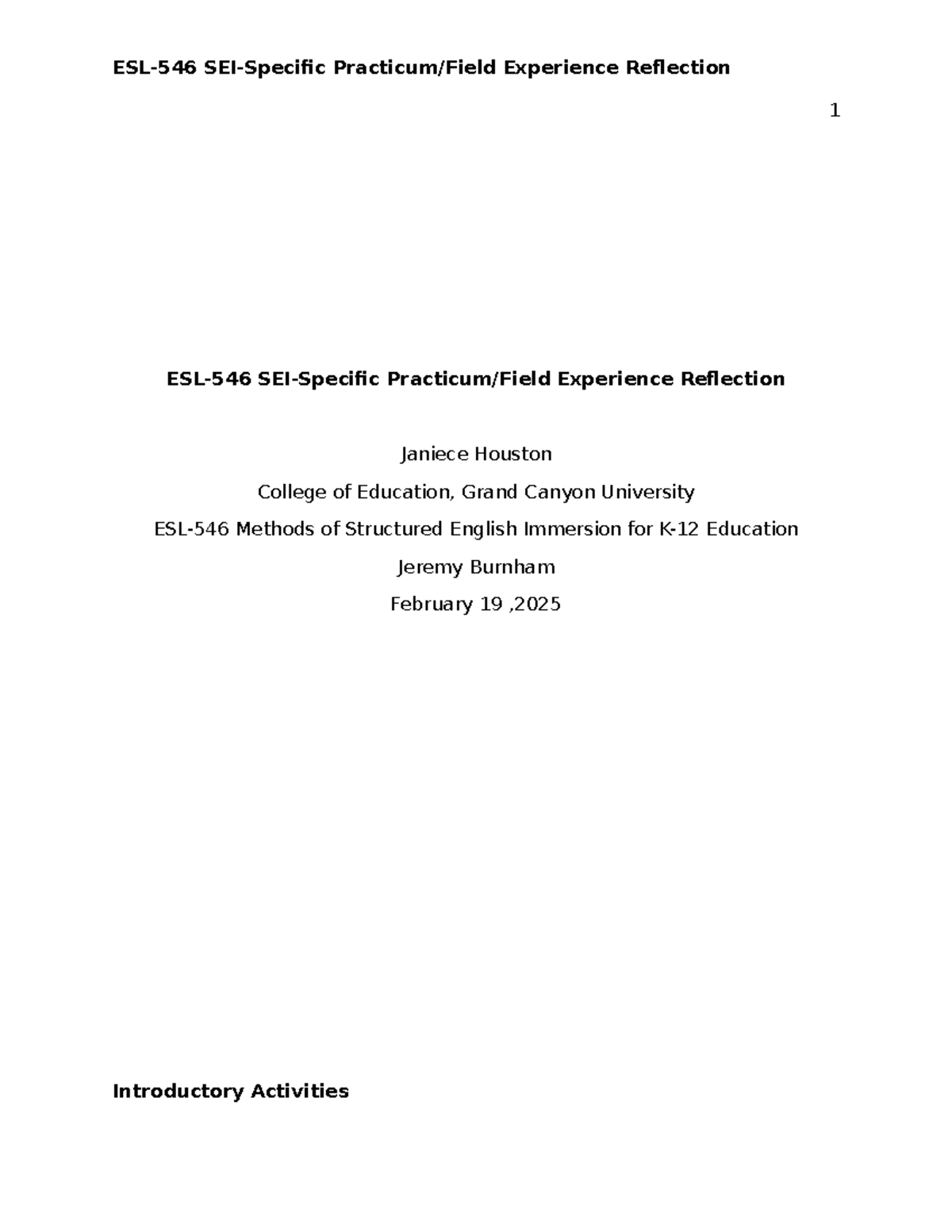 Reflection on Practicum Experience in ESL-546 SEI Specific Methods - Studocu