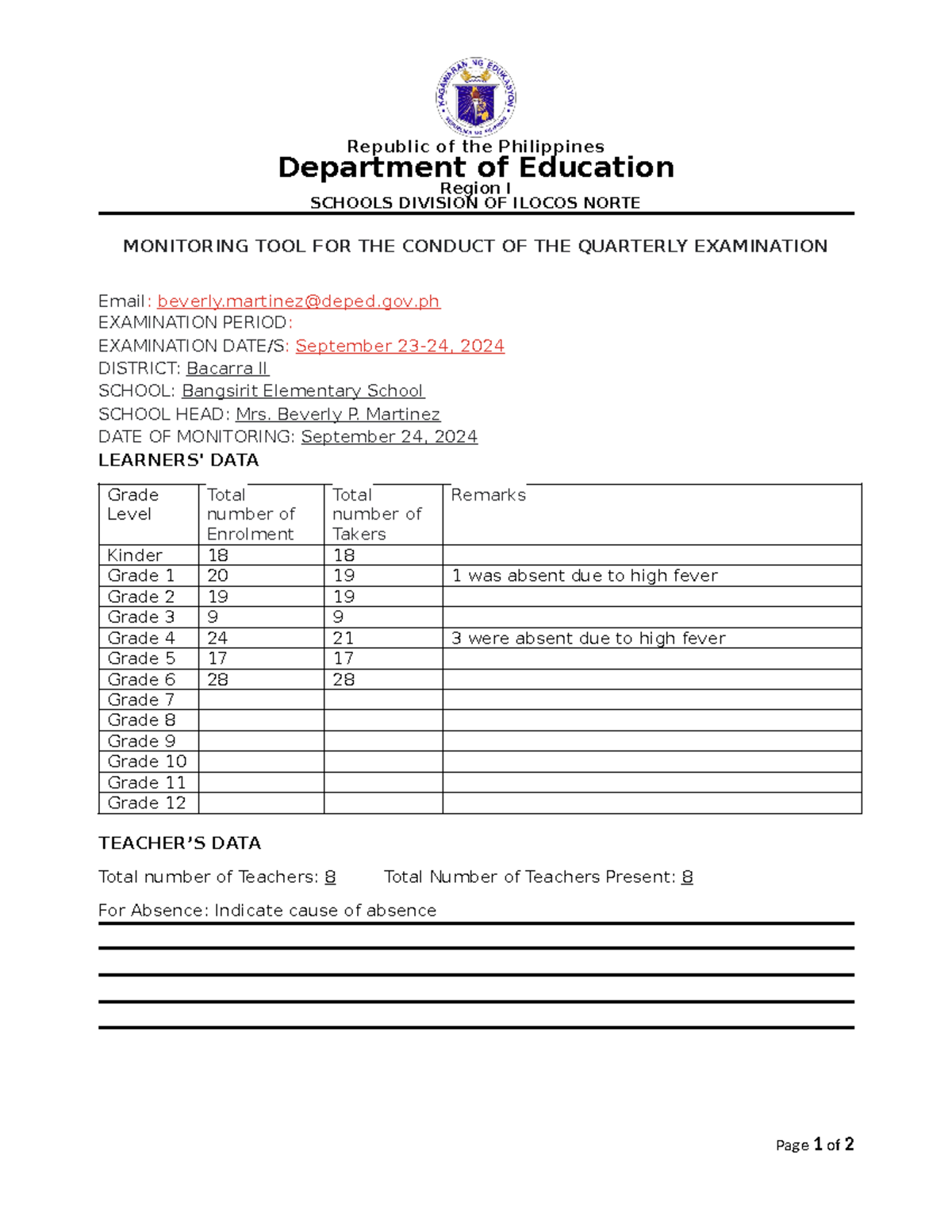 Monitoring Tool for Quarterly Exam Q1 2024 - Bangsirit Elem. School ...