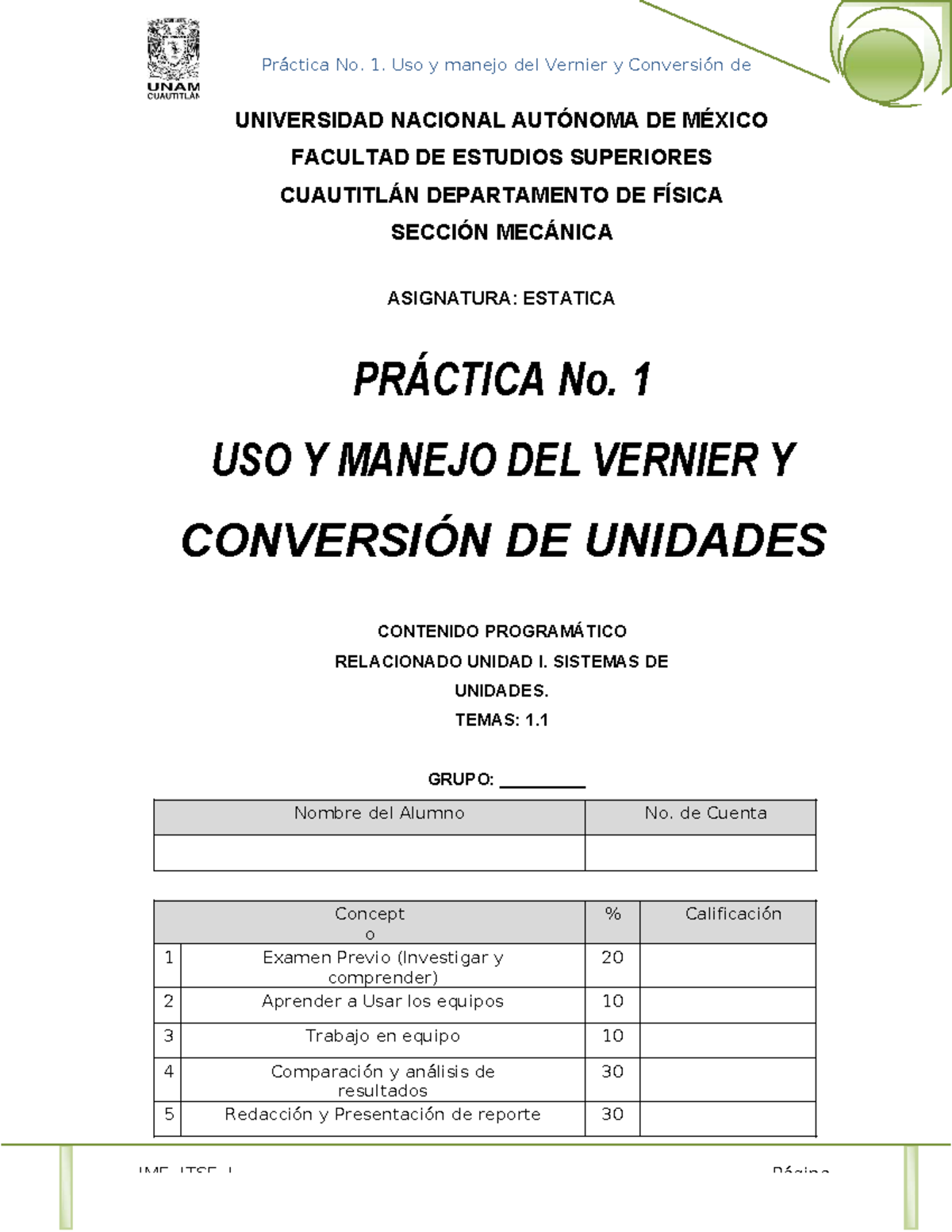 Práctica No. 1: Uso y Manejo del Vernier y Conversión de Unidades - FES ...