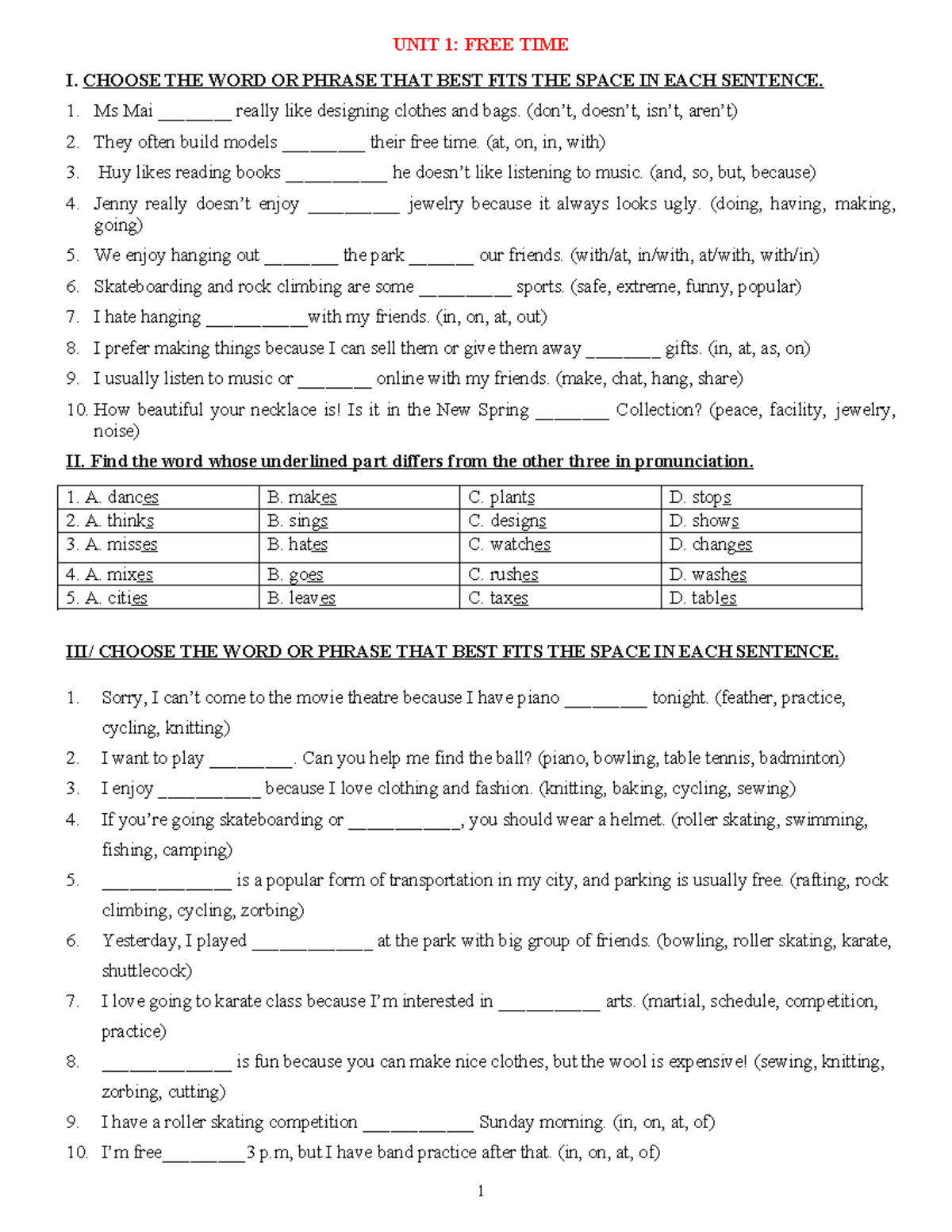 UNIT 1: FREE TIME - Vocabulary & Pronunciation Exercises - Studocu