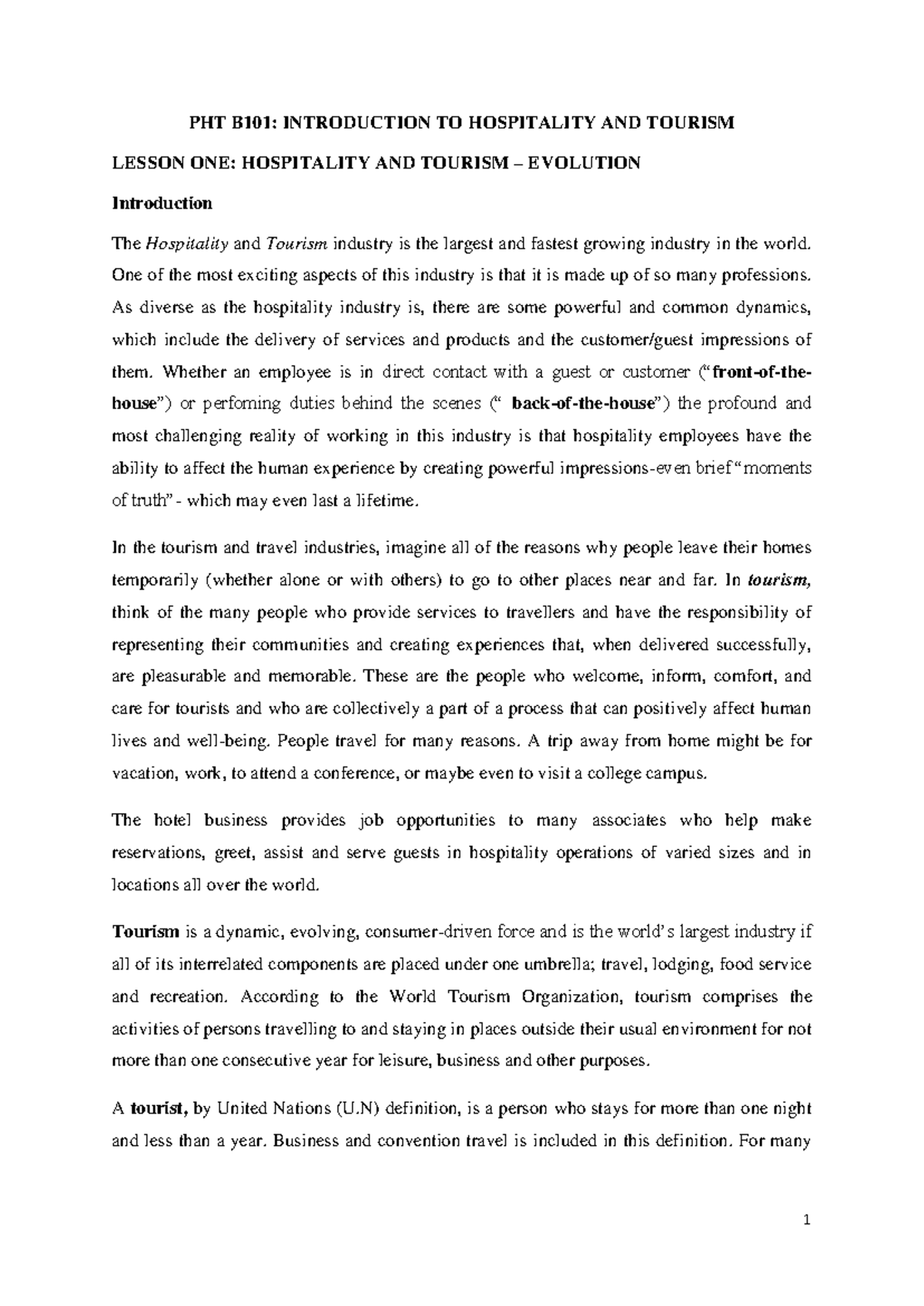 PHT B101: Intro to Hospitality & Tourism - Lesson 1 Overview - Studocu