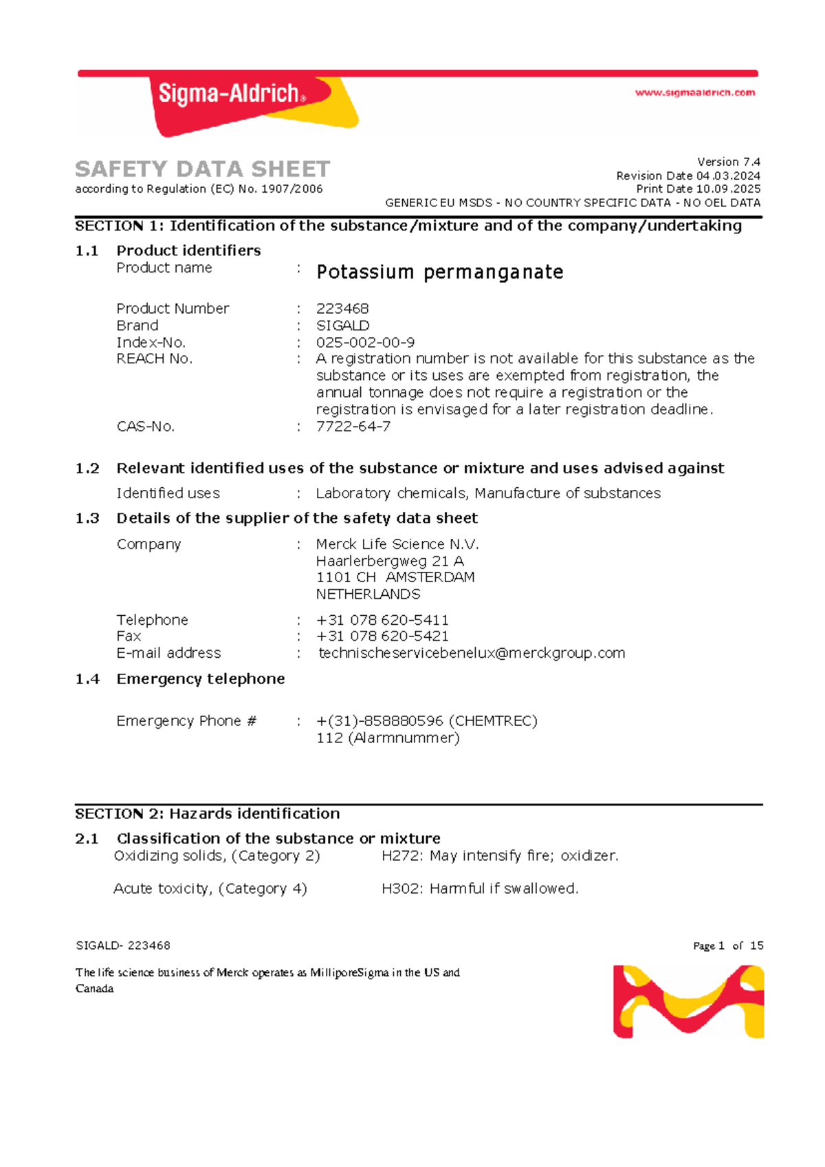 223468 - Safety Data Sheet for Potassium Permanganate (MSDS) - Studeersnel