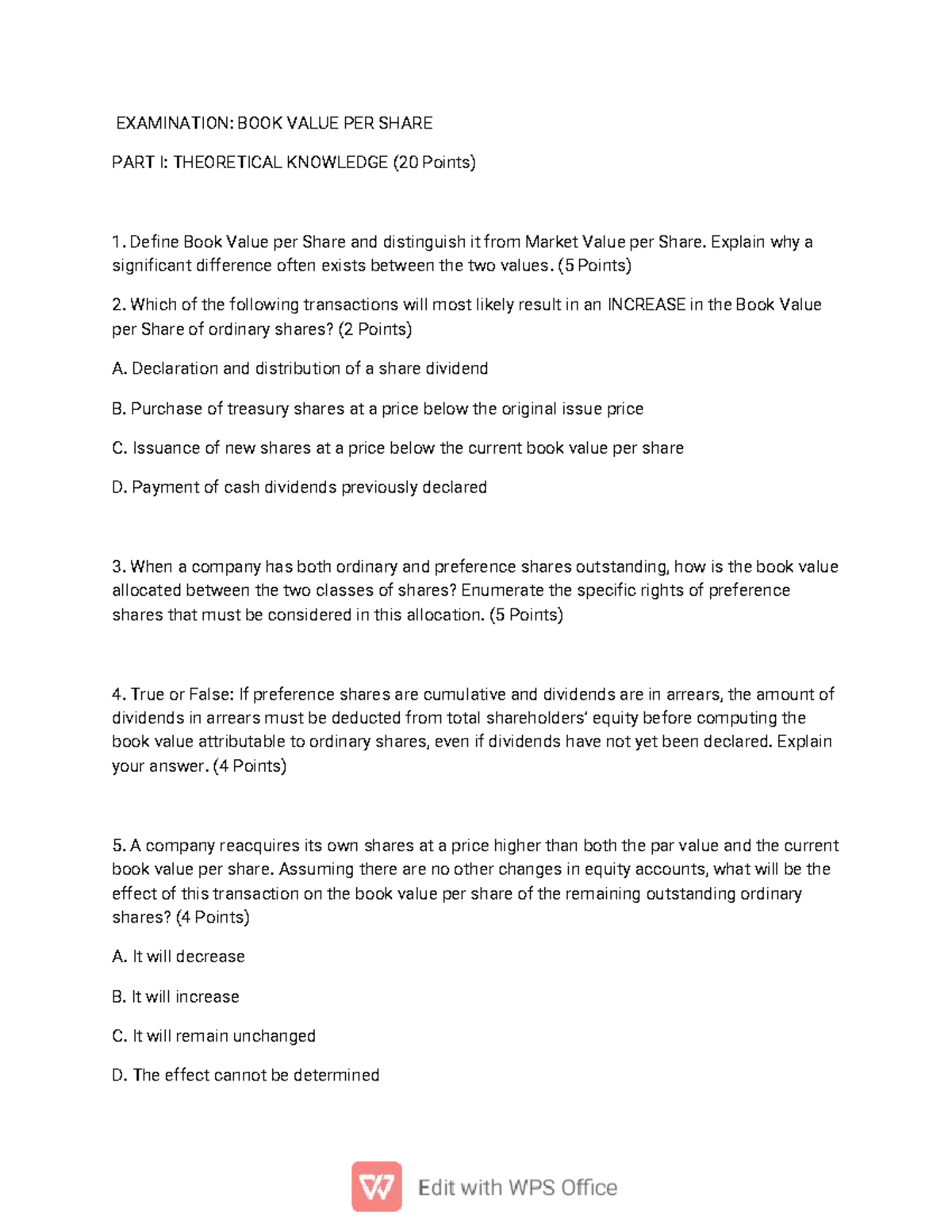 Book Value Per Share Exam: Theoretical & Computational Problems (FIN ...
