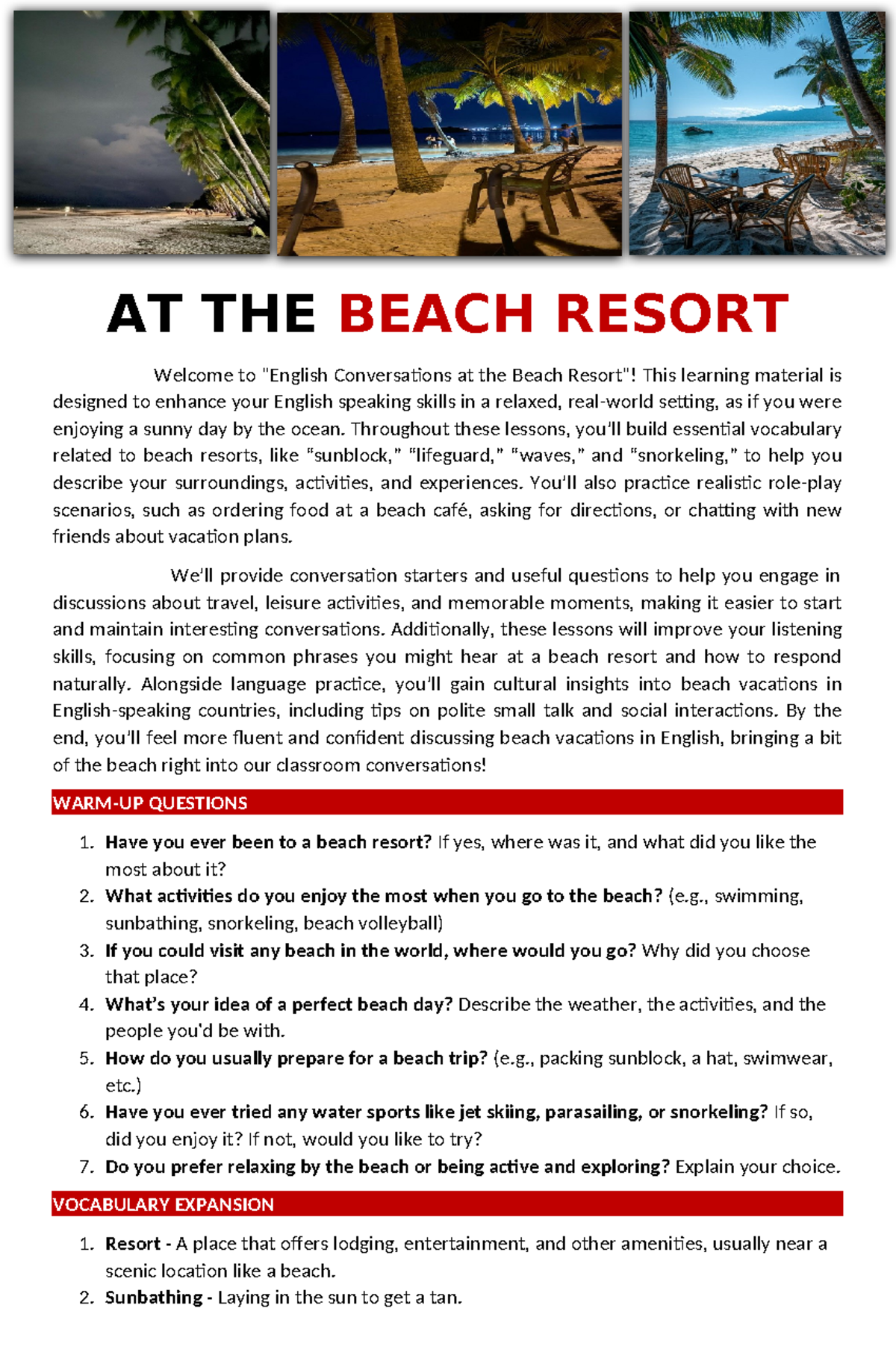 ESL Learning Material: Conversations at the Beach Resort - Studocu