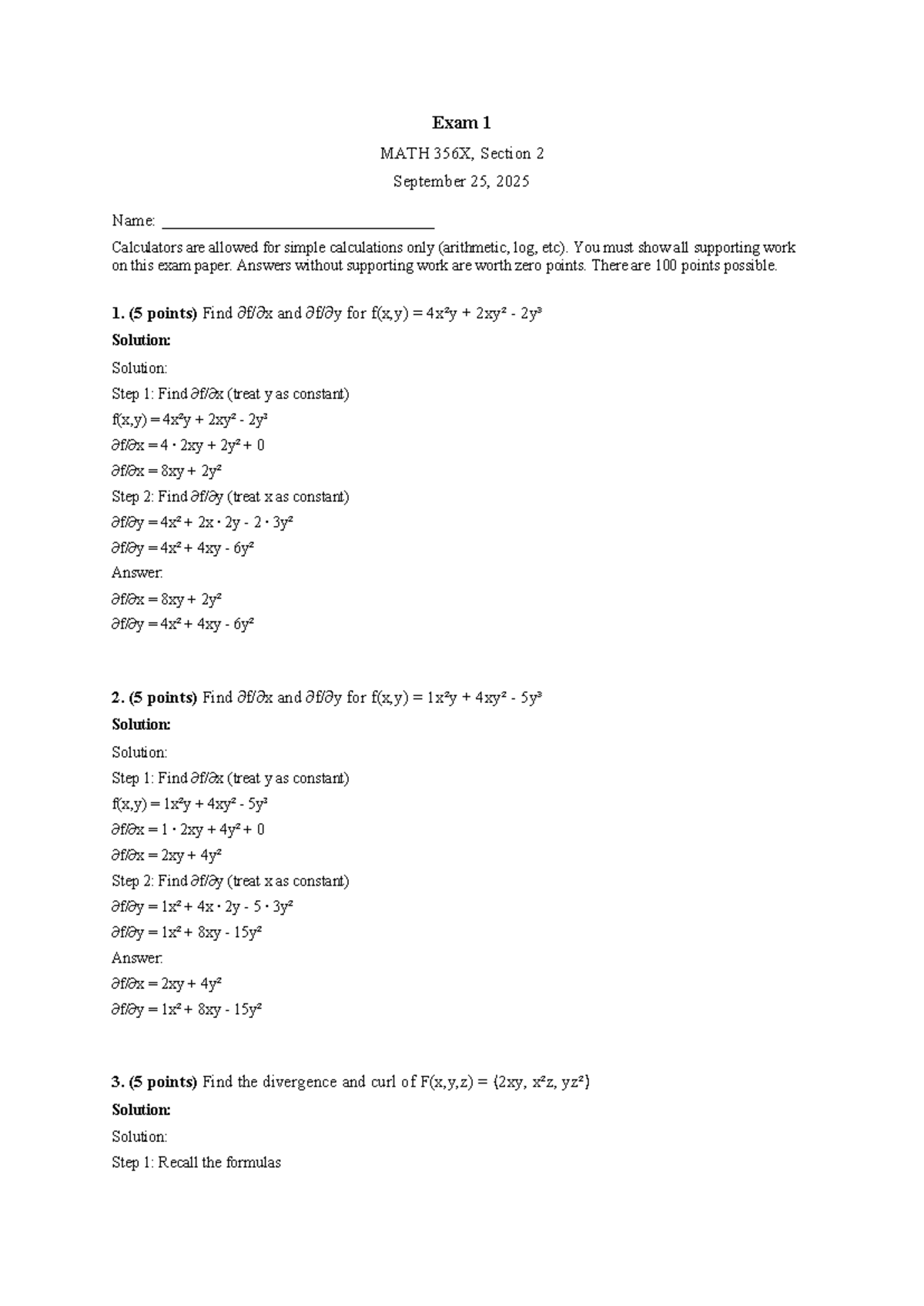 MATH 356X Winter 2022 Exam 1 Solutions and Calculations - Studocu