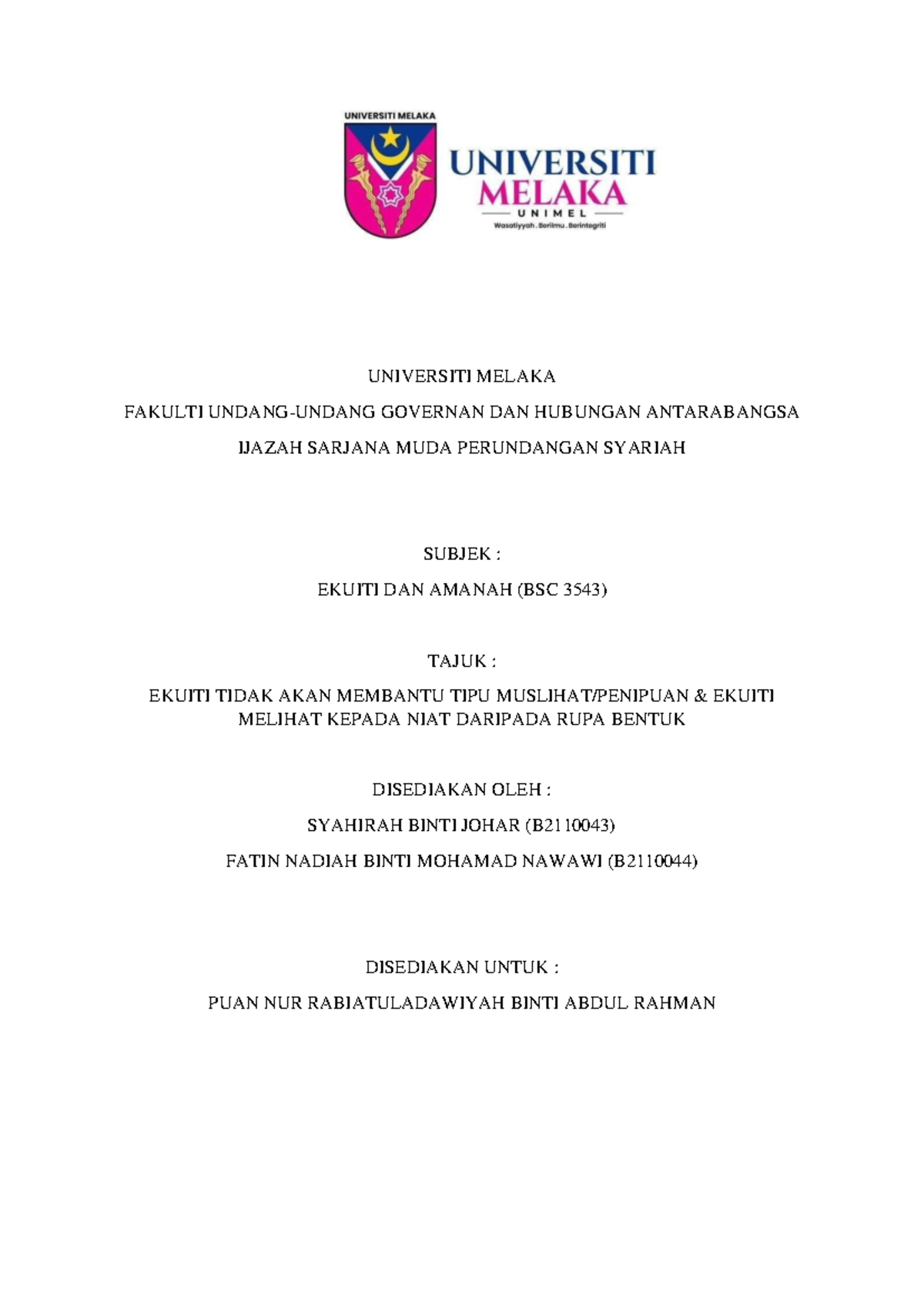 Tugasan Bertulis: Ekuiti dan Amanah (BSC 3543) oleh B2110043 & B2110044 ...