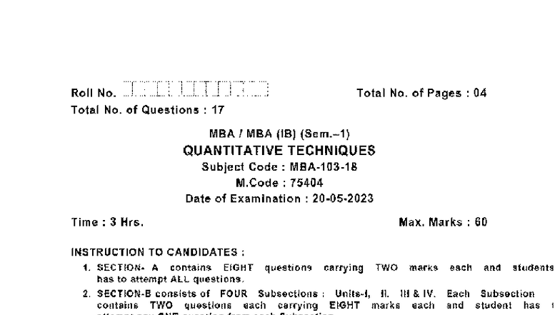 MBA (IB) Quantitative Techniques Exam Paper - May 2023 (Code: 75404 ...