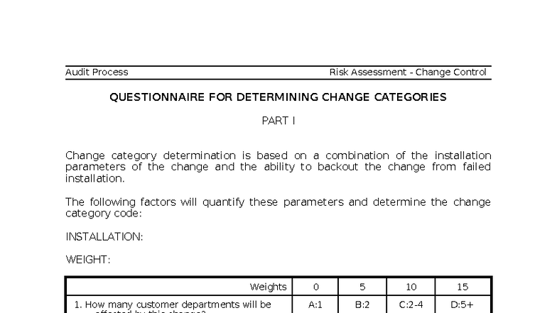Audit Process Risk Assessment: Change Control Questionnaire - Studocu