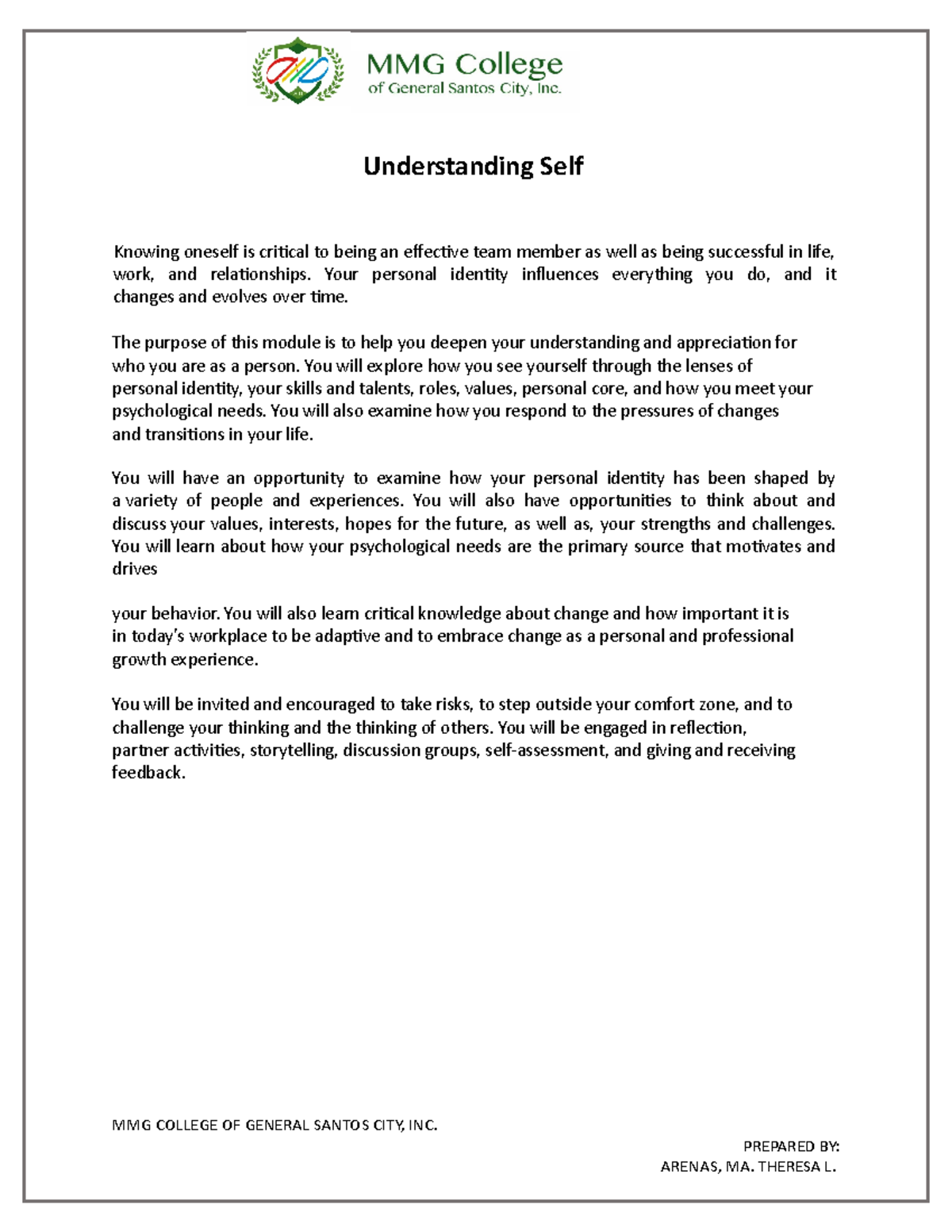 Understanding Self Module - Understanding Self Knowing oneself is ...