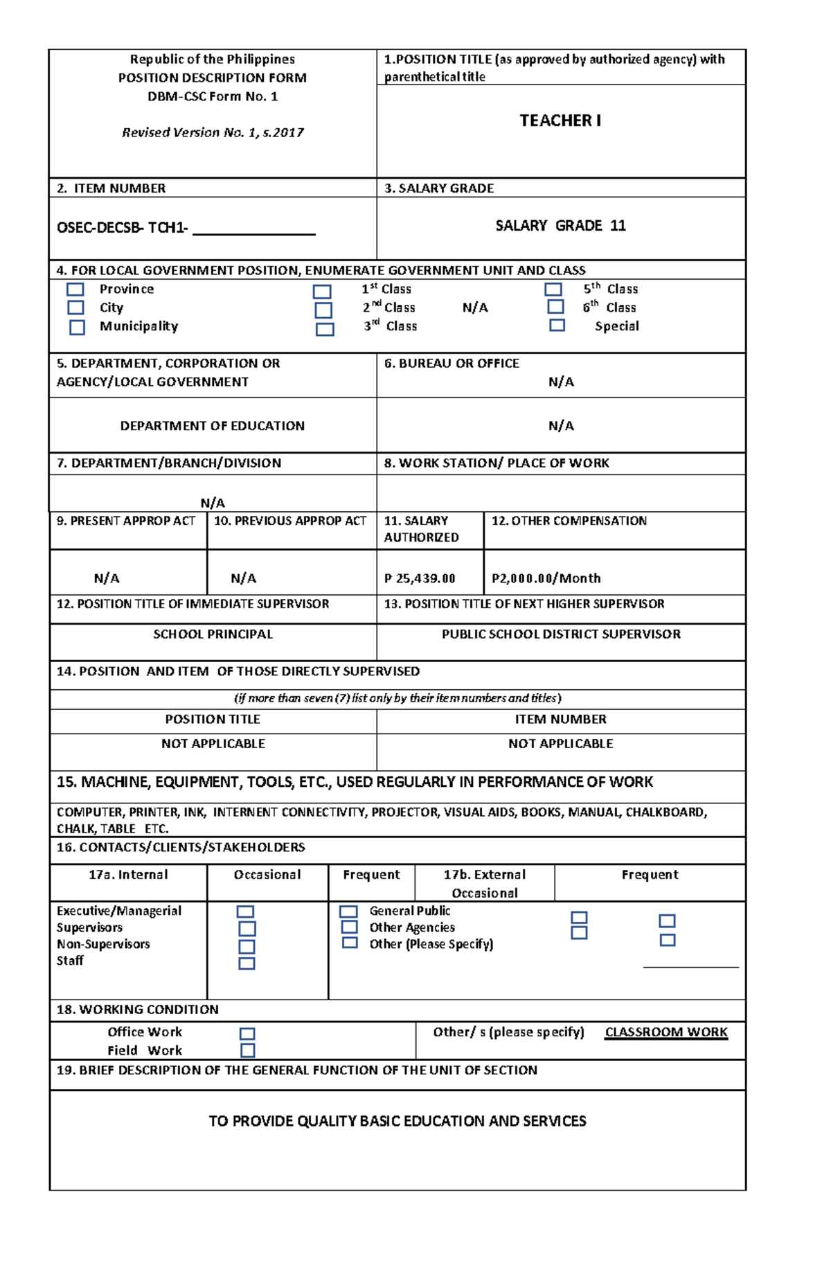 Teacher I - Position Description Form (DBM-CSC Form No. 1) - Studocu