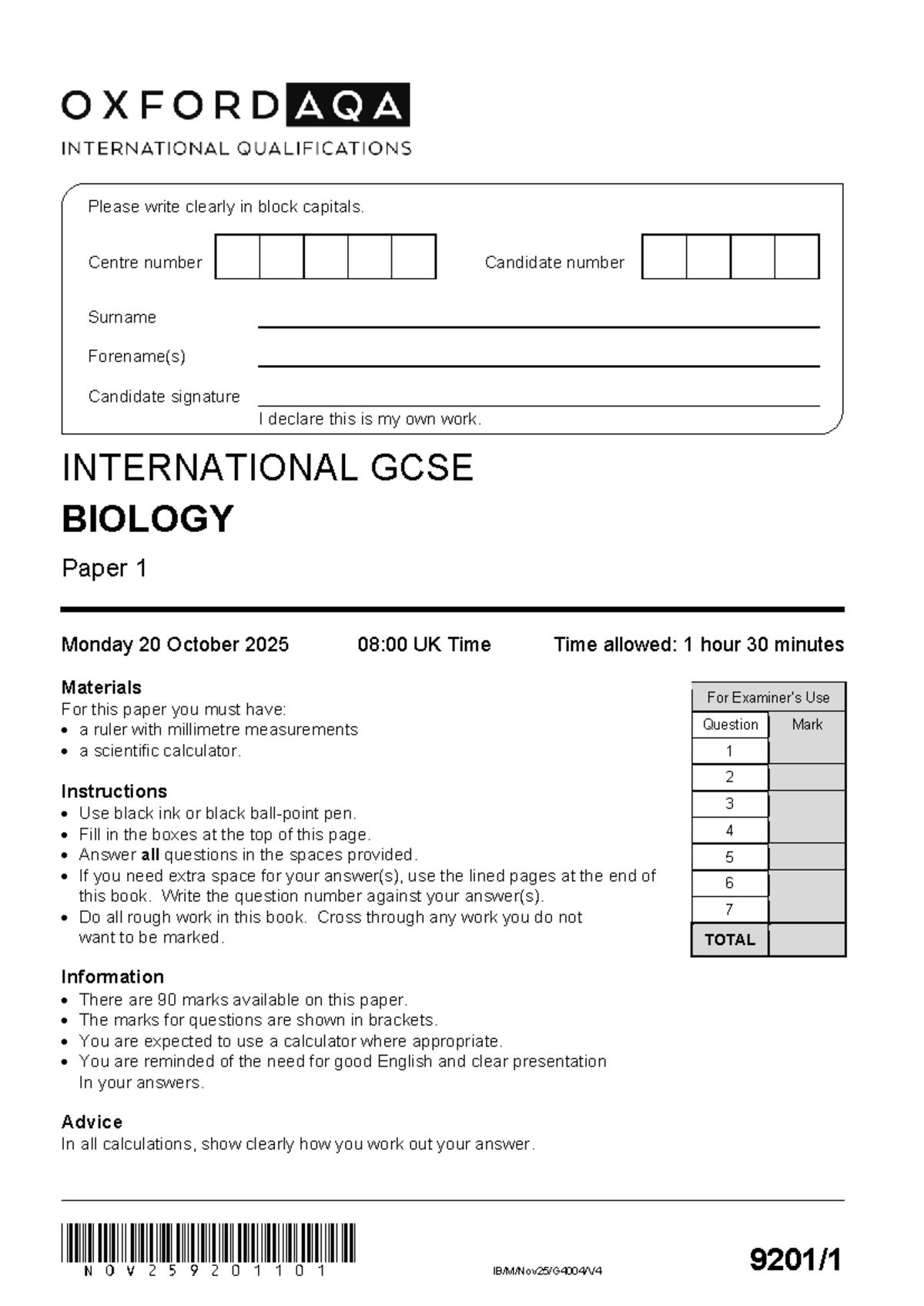 Oxford AQA International GCSE Biology 9201/01 Nov 2025 Question Paper ...