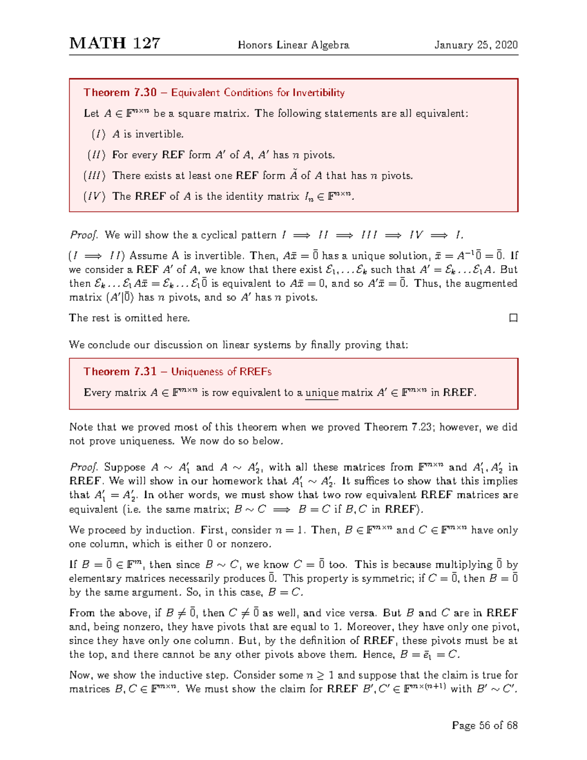 MATH 235-56 - Lecture notes 56 - MATH 127 Honors Linear Algebra January ...