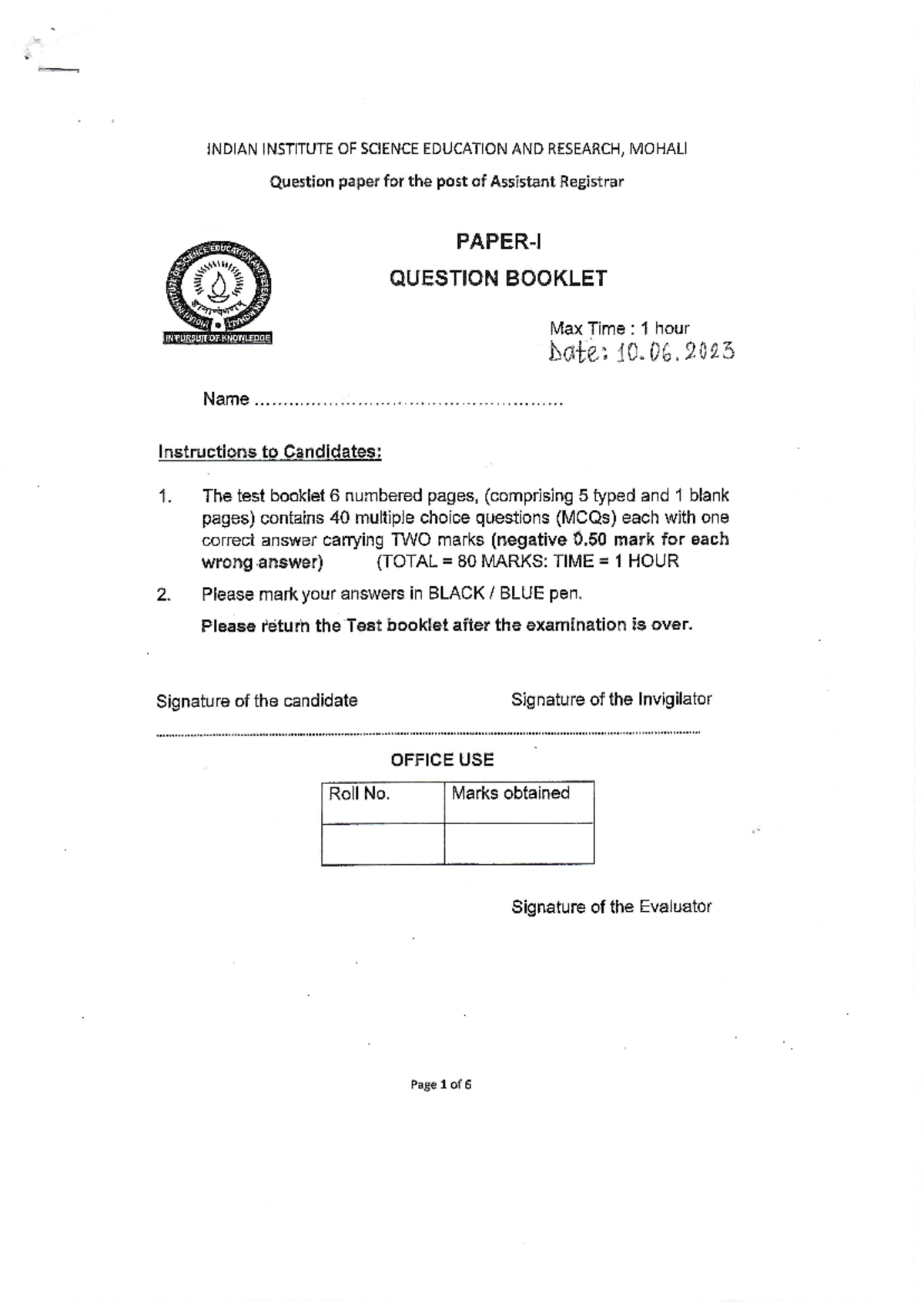 Assistant Registrar Exam Papers - Previous Year Questions (IISER) - Studocu