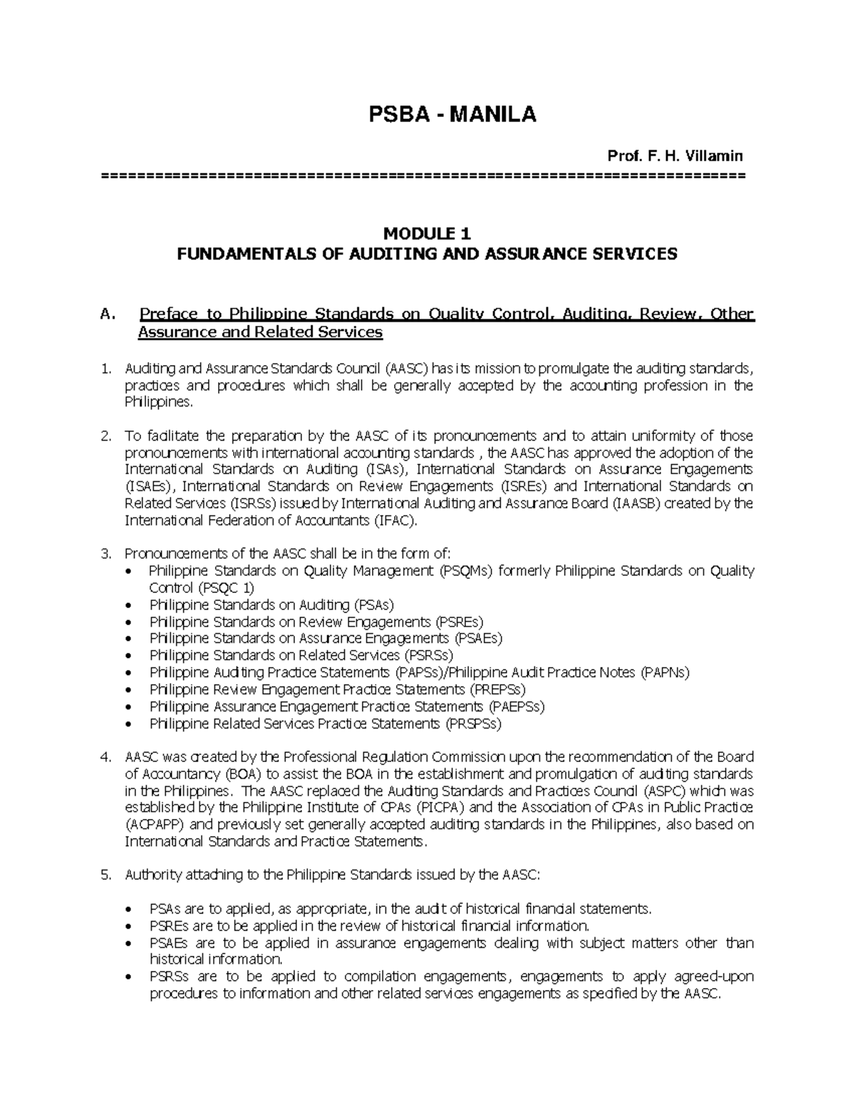 PSBA AT Module 1: Fundamentals of Auditing & Assurance Services - Studocu