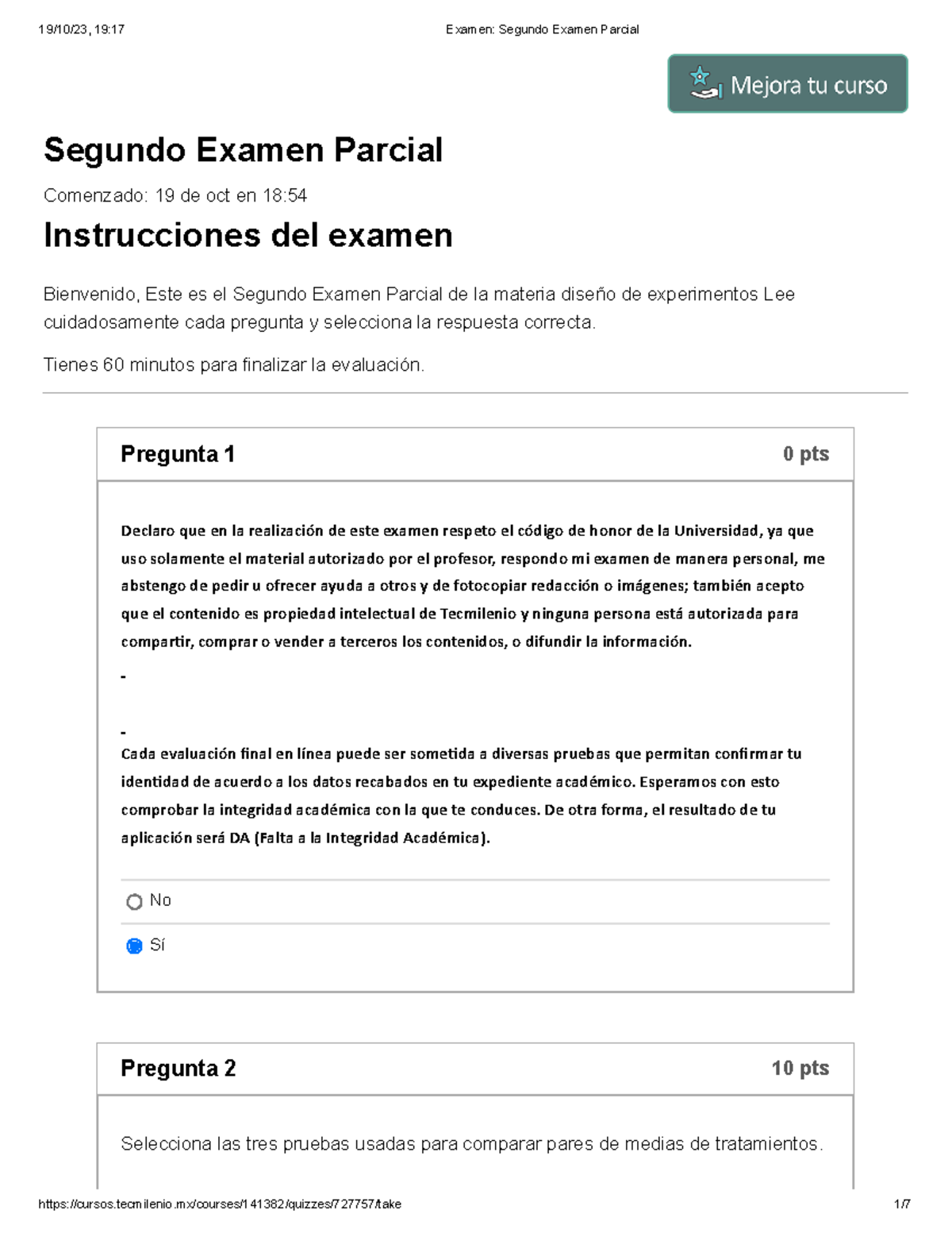 Segundo Examen Parcial: Diseño de Experimentos 2023 - Studocu