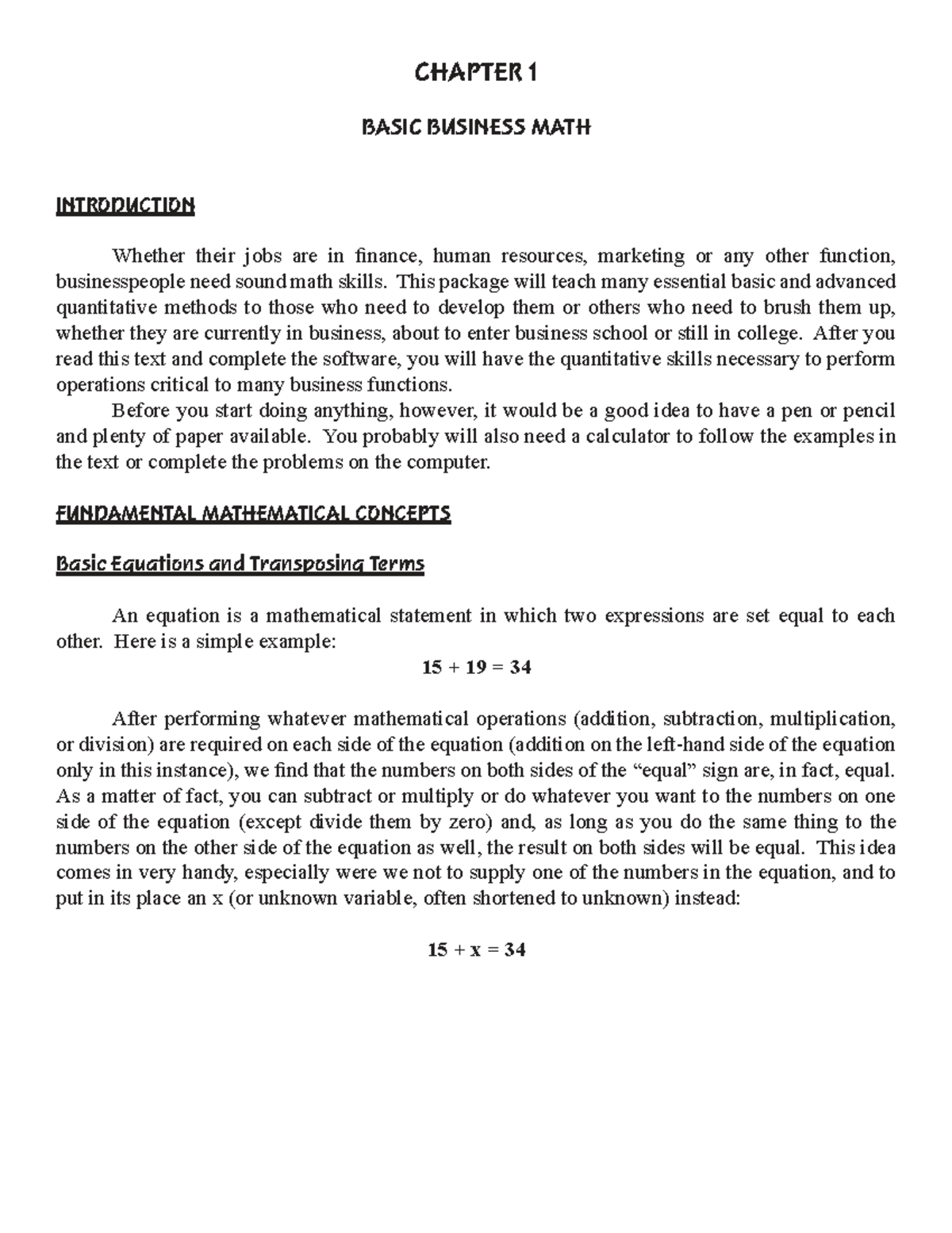 Basic Business Math: Understanding Fixed/Variable Costs & Graphing - CHAPTER 1 BASIC BUSINESS ...