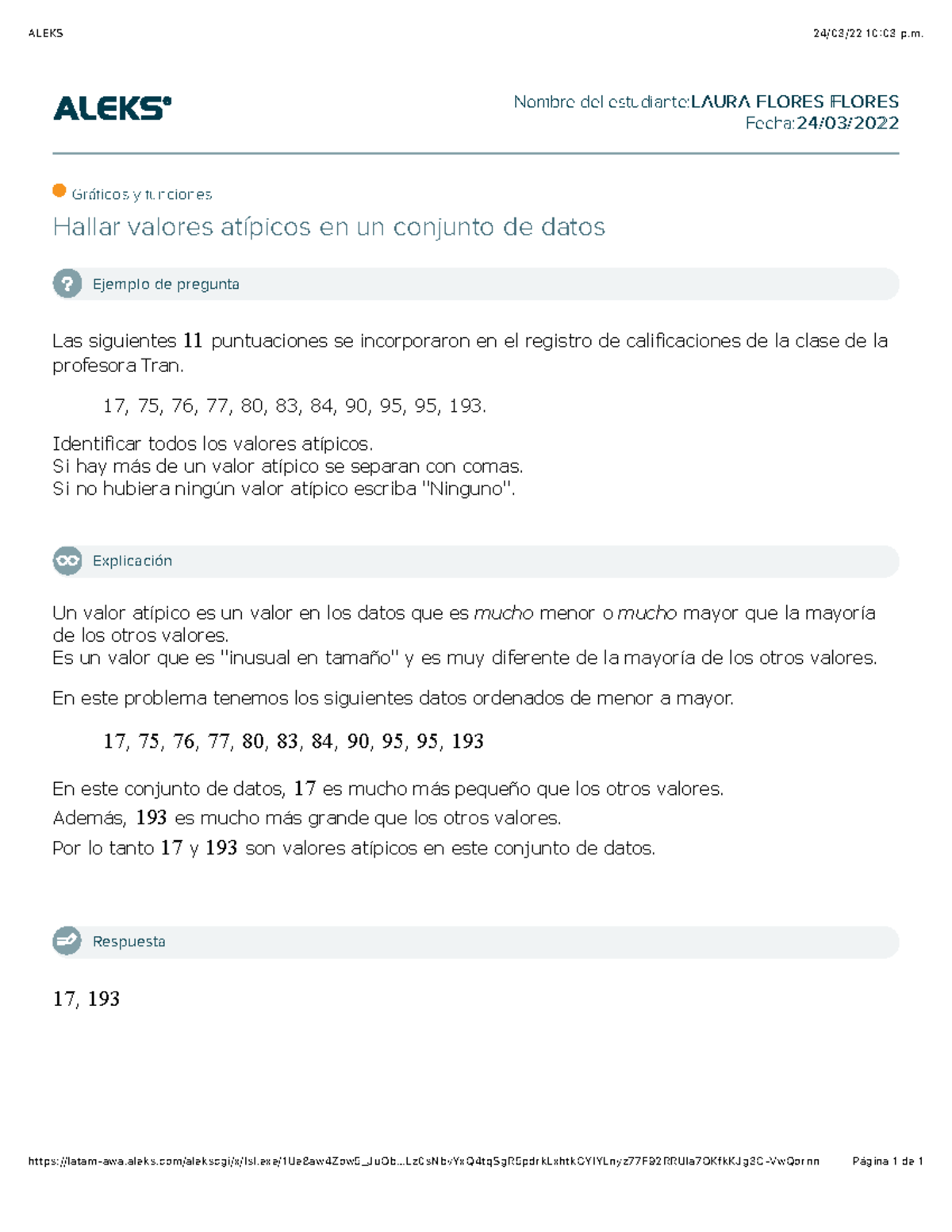 Valores atípicos en un conjunto de datos - ALEKS 24/03/22 10:03 p ...