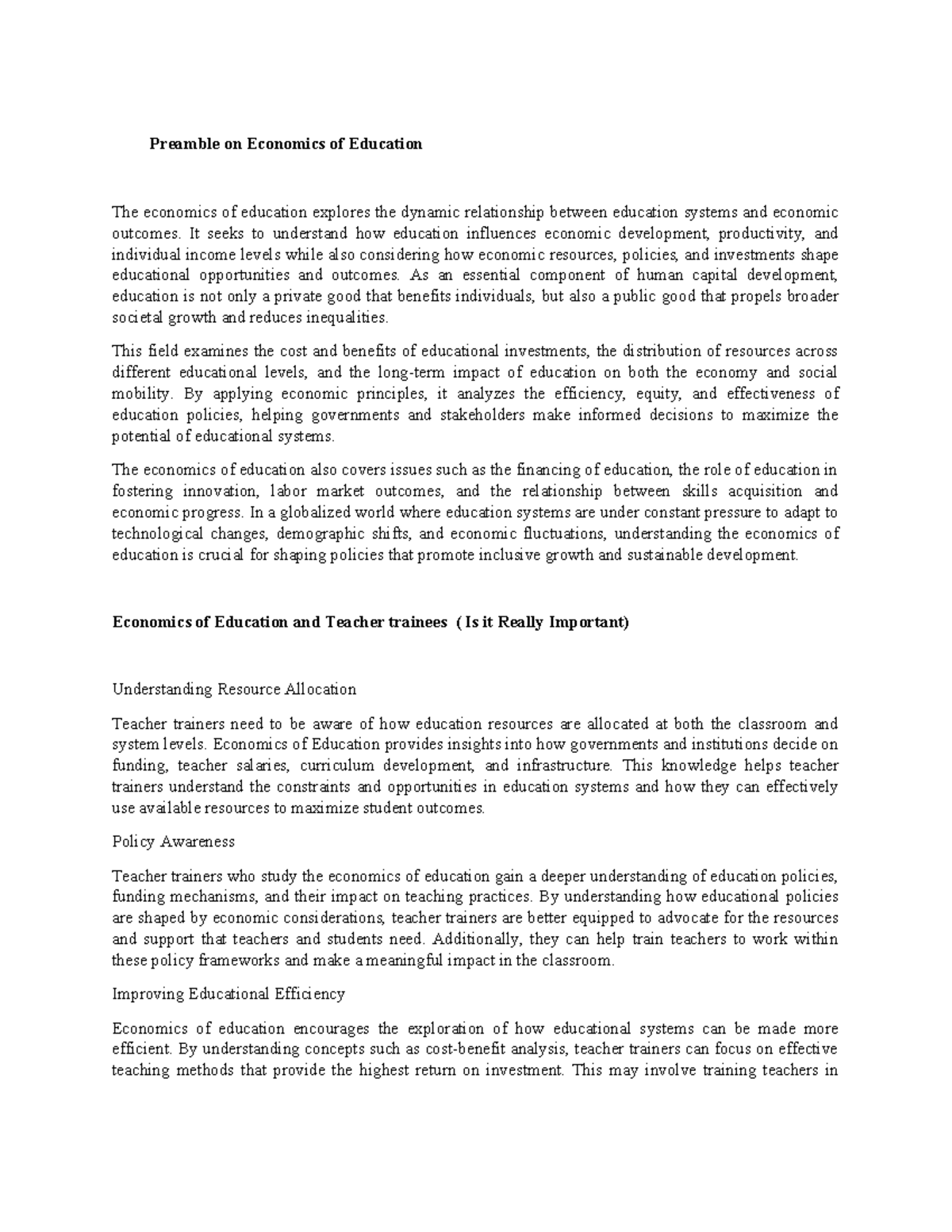 Economics of Education: Insights for Teacher Trainees and Policy Makers ...