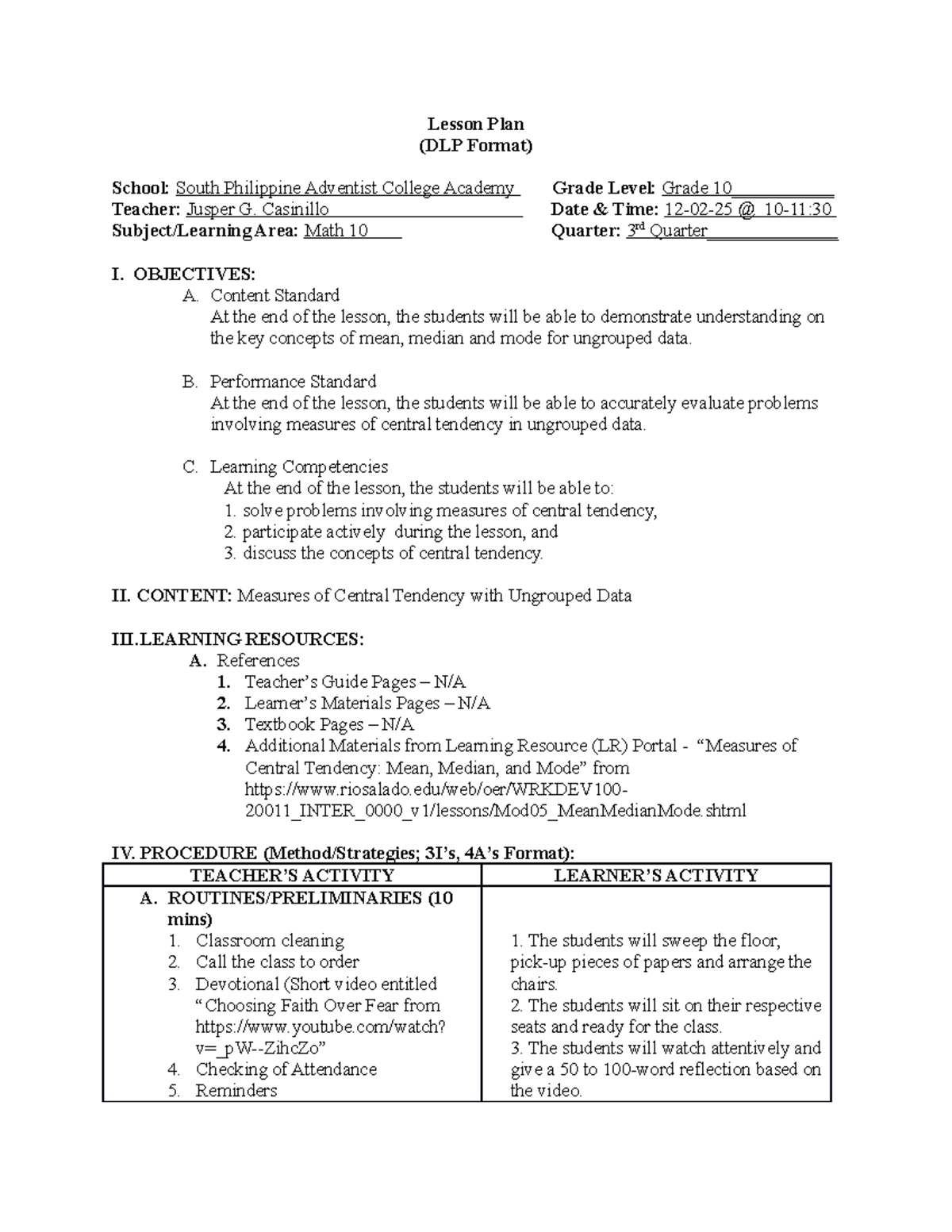 Mathematics Lesson Plan for Grade 10 on Central Tendency Concepts - Studocu