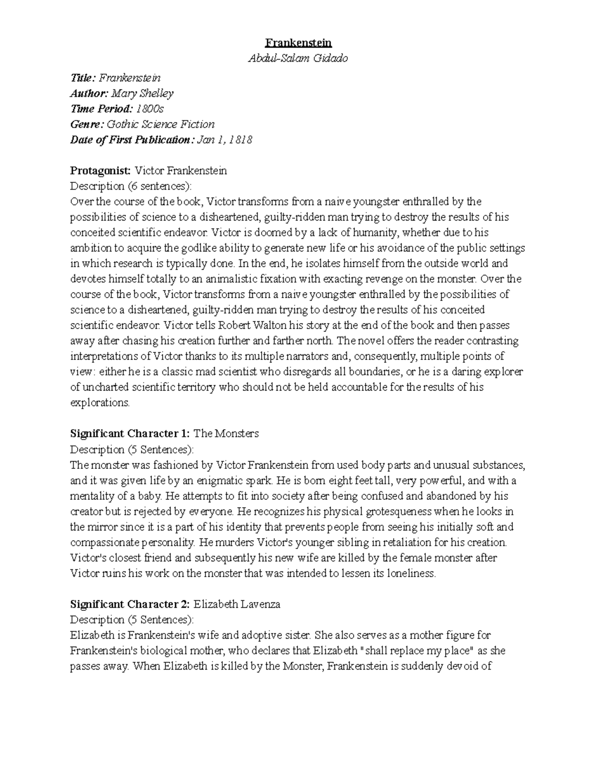 Frankenstein Study Guide: Analysis of Characters and Themes - Studocu
