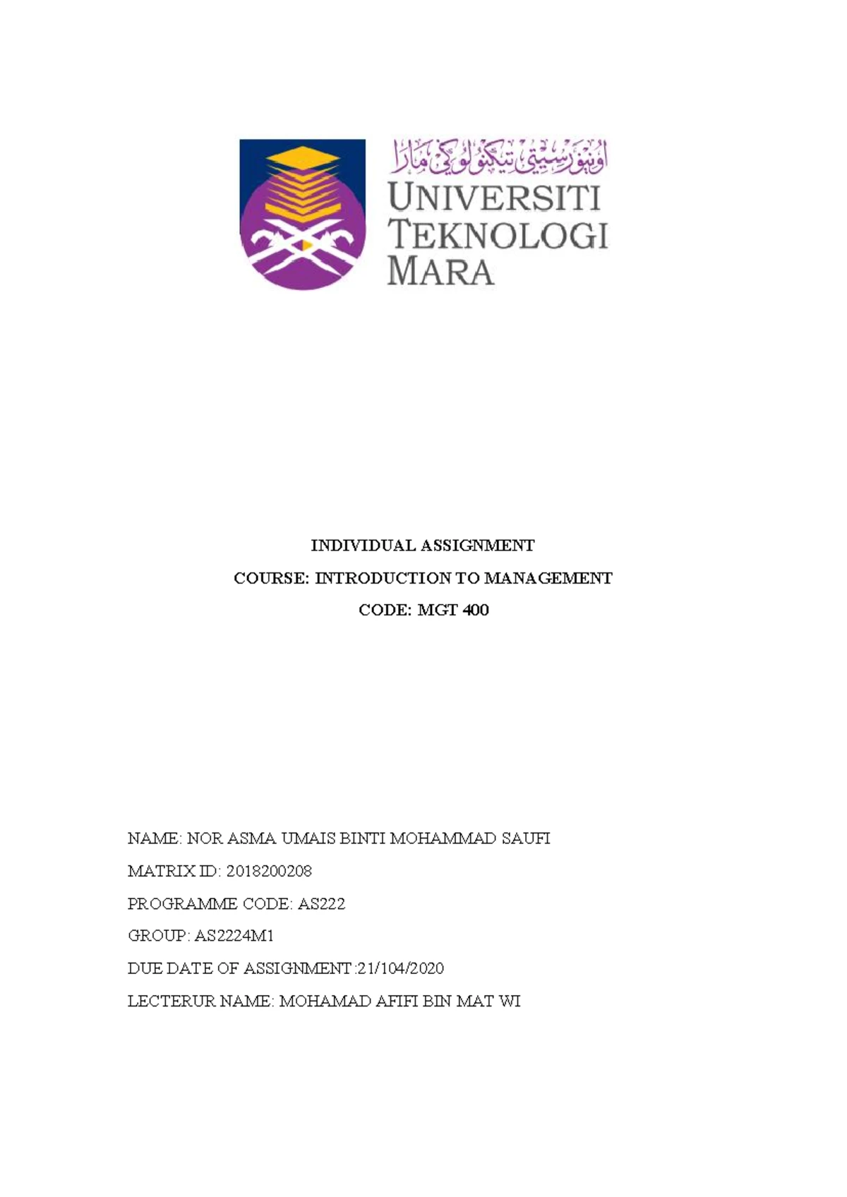 MGT400 Individual Assignment - FACULTY OF INFORMATION MANAGEMENT ...