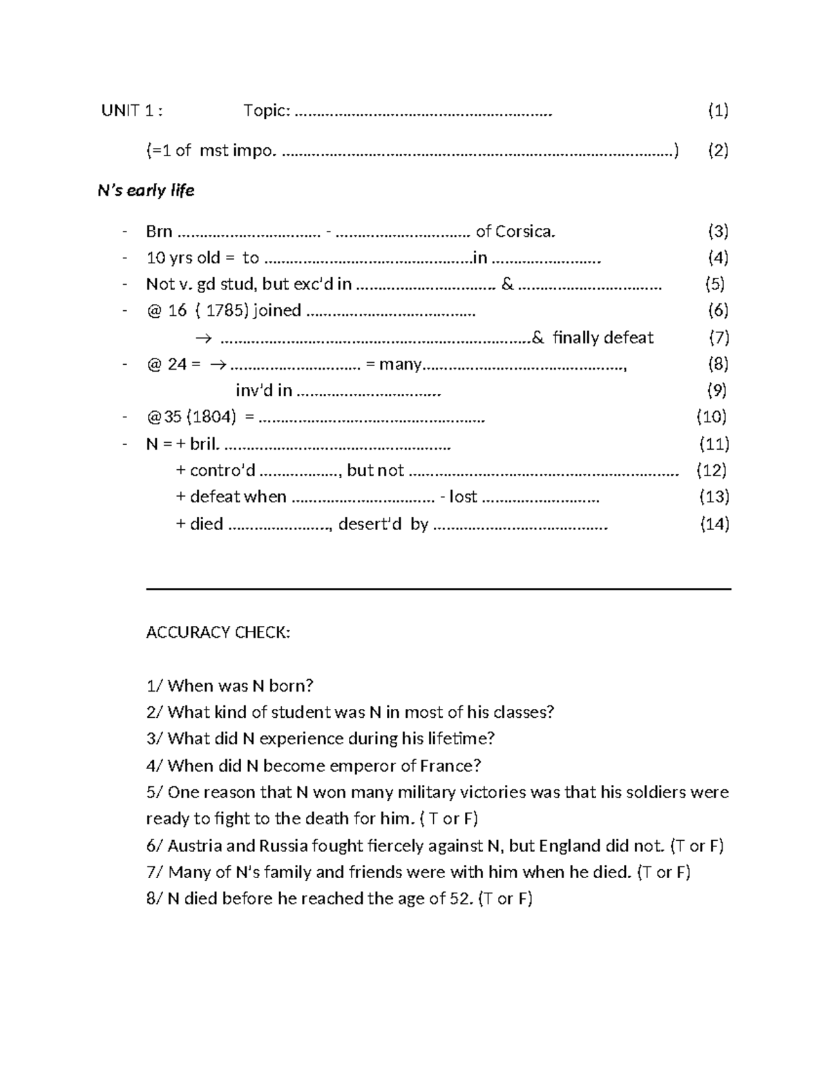 UNIT 1: Early Life of Napoleon & History of Bicycles (NGHE GHI CHÚ 1 ...