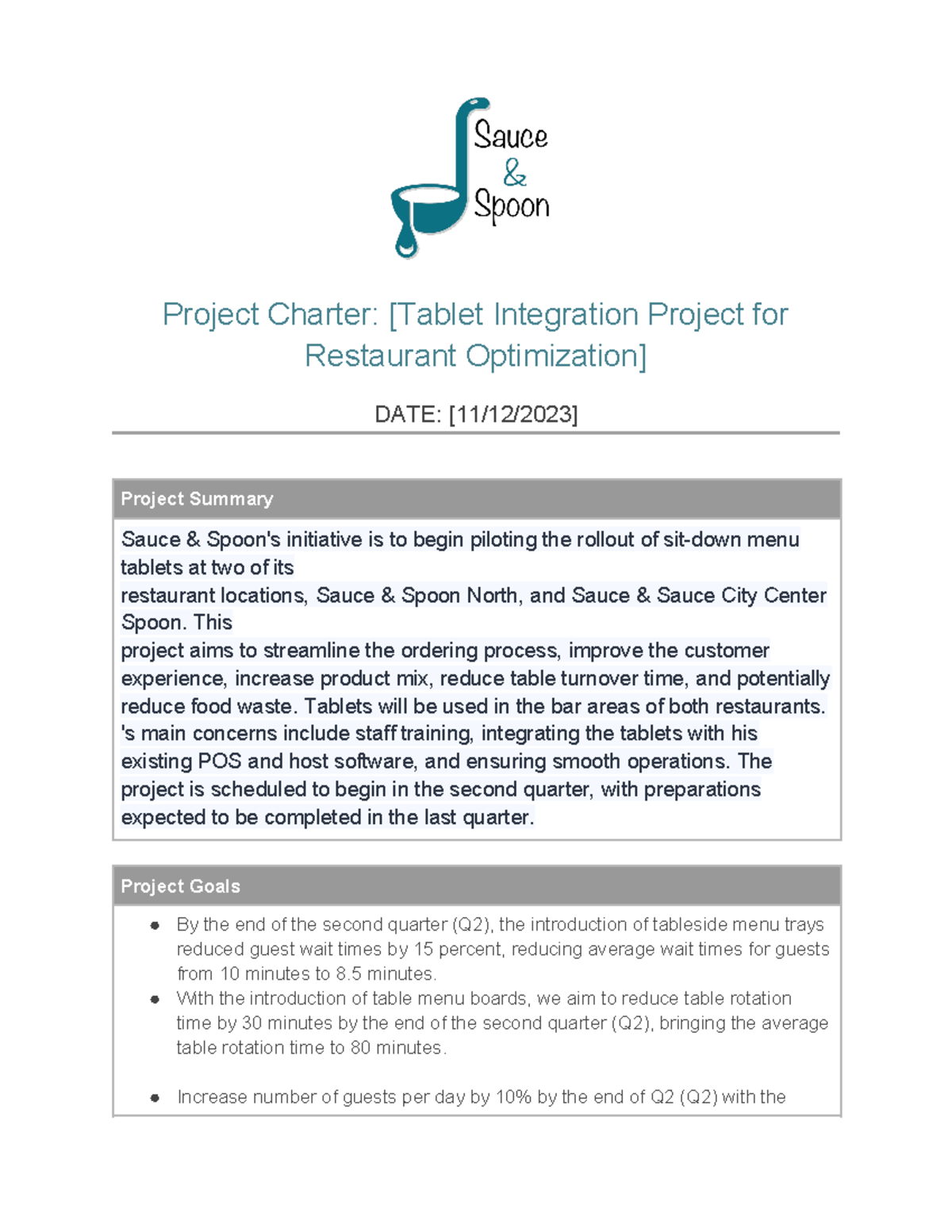 Project Charter: Tablet Integration for Restaurant Ops (111223) - Studocu