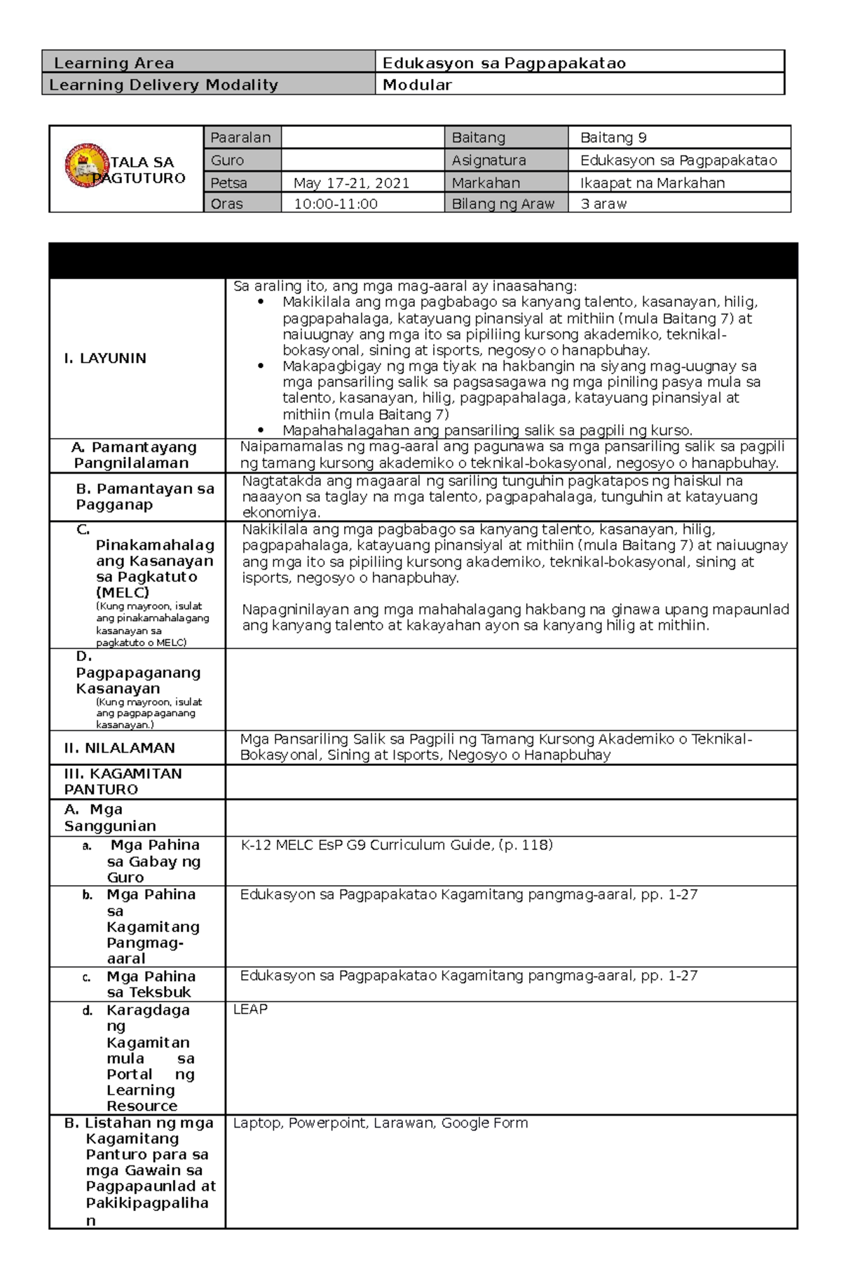 LE ESP 9 1 - Lesson Plan for Choosing Academic Courses - Studocu