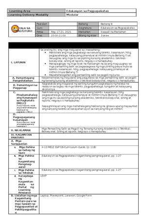 Lesson Plan - EsP 9 - Banghay-Aralin sa Edukasyon sa Pagpapakatao 9 ...