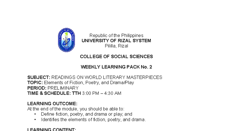 WLP 2: Elements of Fiction and Poetry - Readings on World Literary ...
