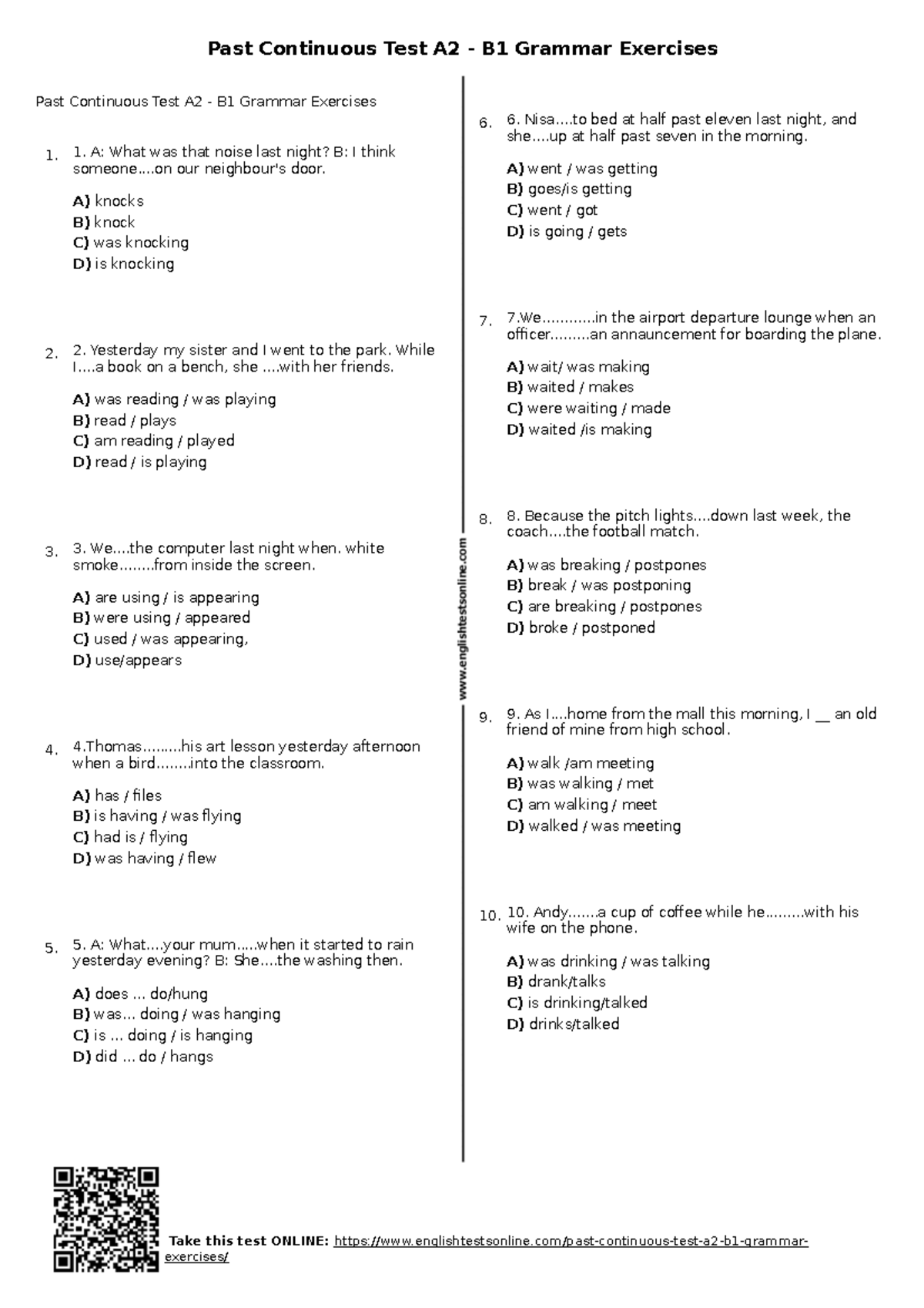 Past Continuous Test A2-B1 Grammar Exercises and Answer Key - Studocu
