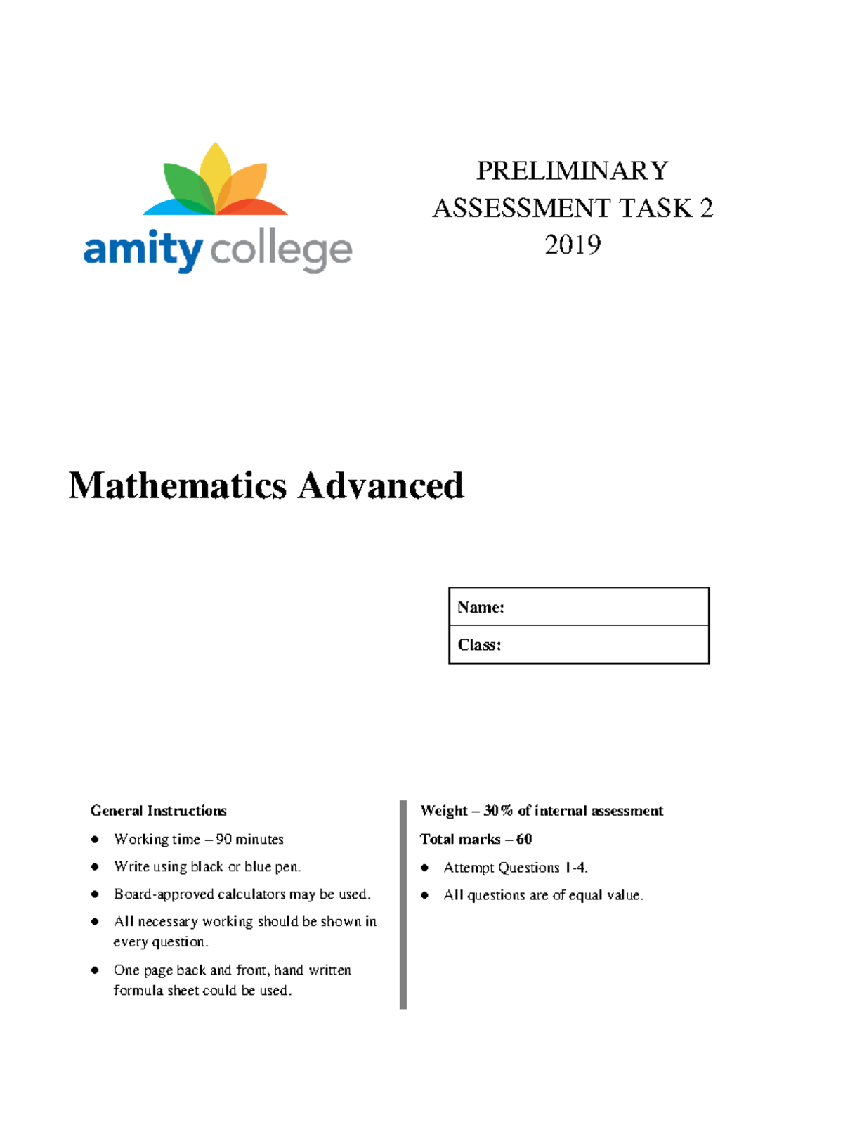2019 Mathematics Advanced Preliminary Assessment Task 2 Notes - Studocu