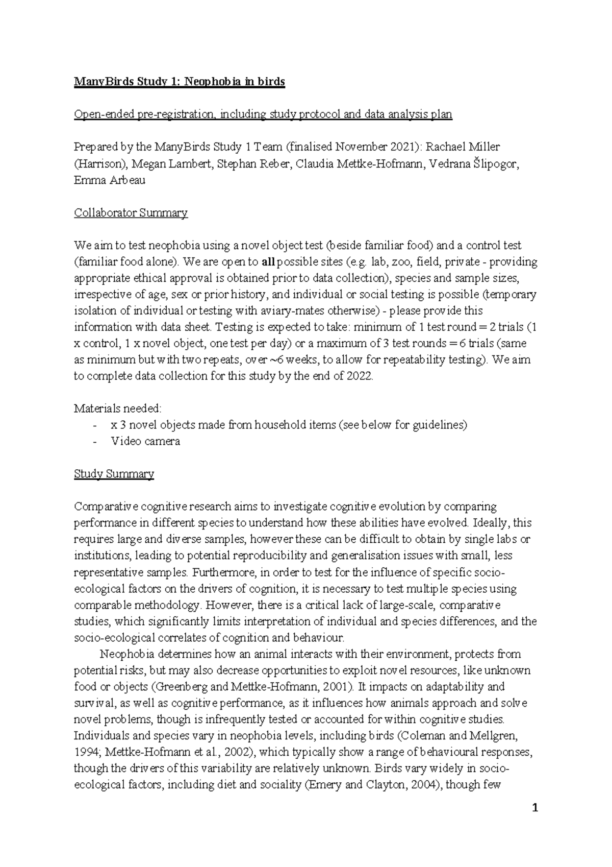 ManyBirds Study 1: Neophobia in Birds - Protocol & Analysis Plan - Studocu