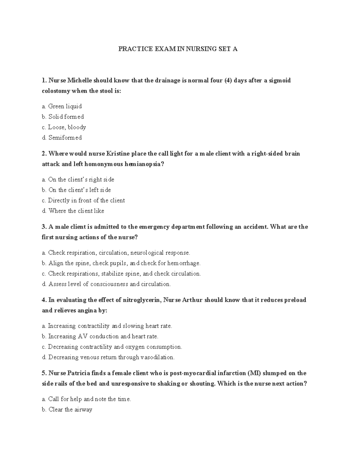 Practice Exam in Nursing: Comprehensive Review Set A - Studocu