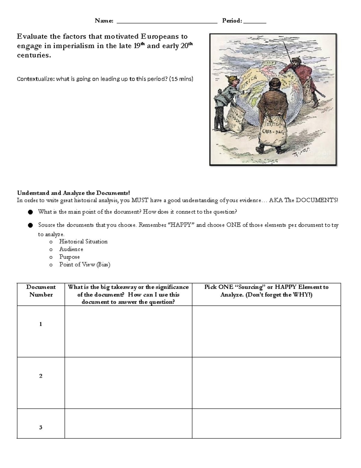 Imperialism DBQ Organizer: Analyzing Motivations (Late 19th-Early 20th ...