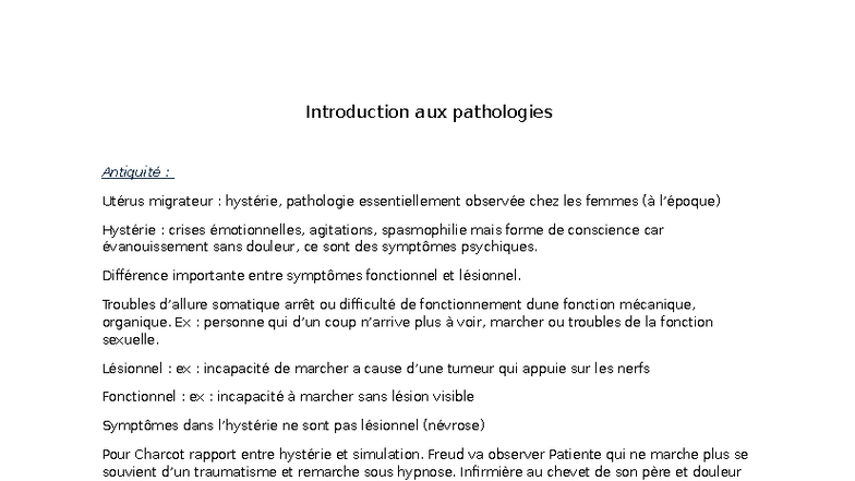 Introduction aux pathologies TD : Hystérie et Utérus Migrateur - Studocu