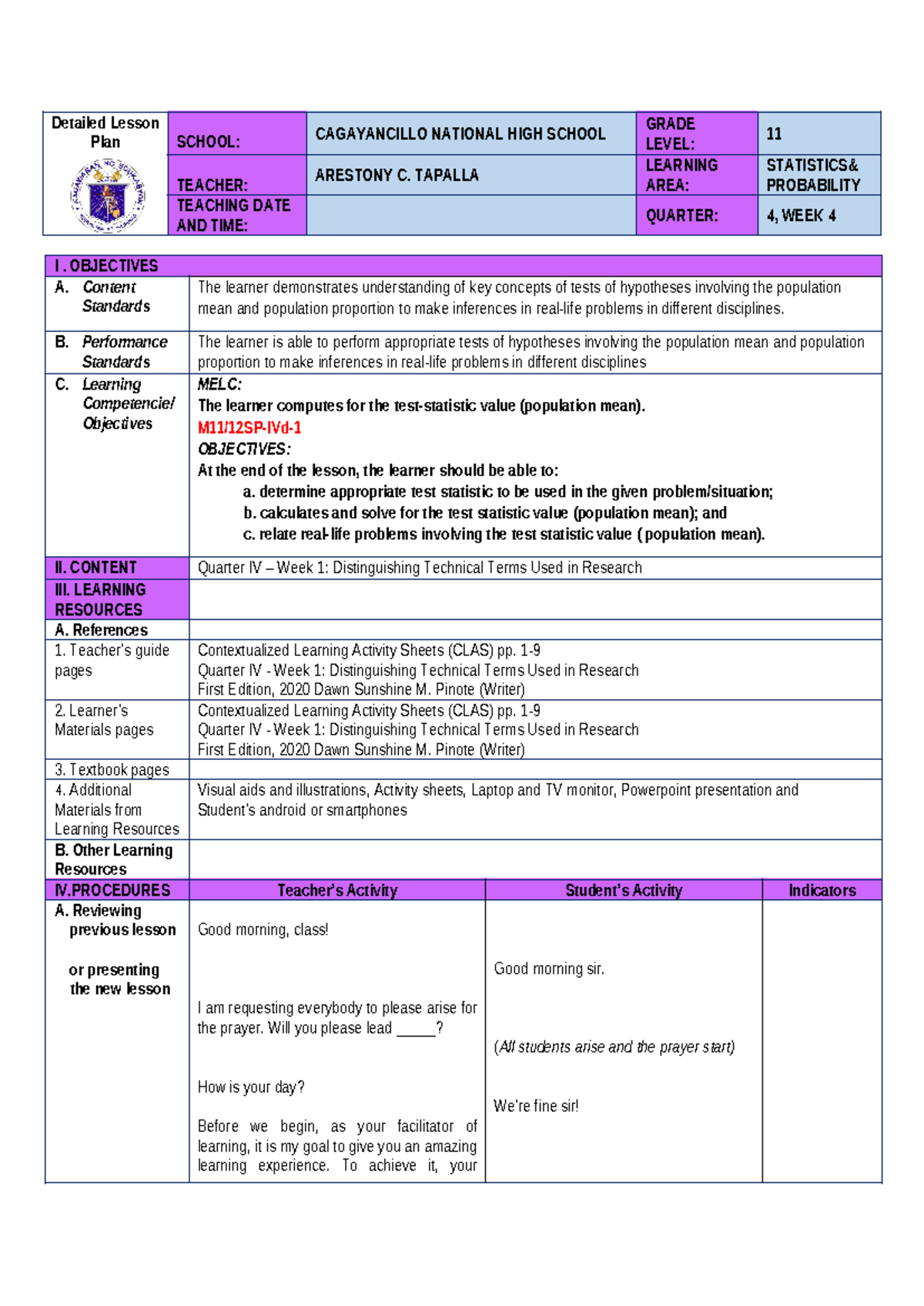 DLP- SHS - Detailed Lesson Plan on Hypothesis Testing for Grade 11 ...