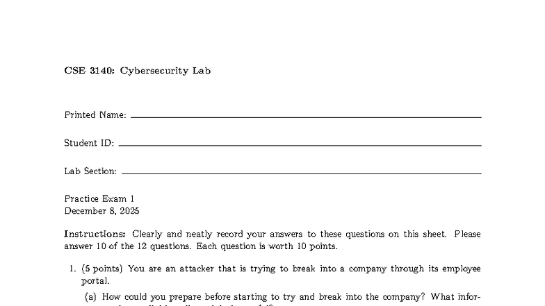 CSE 3140: Final Practice Exam in Cybersecurity Lab - Dec 2025 - Studocu